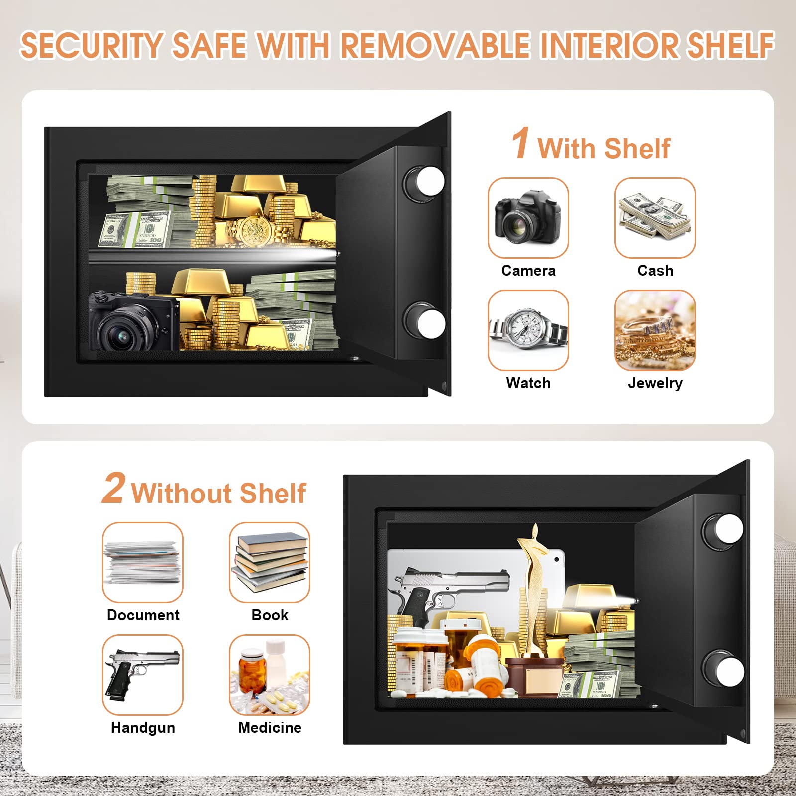 2.1 Cub Large Safe Box Fireproof Waterproof for Home, Personal Fireproof Safe With Removable Shelf, Smart Alarm, LEd Light, Silent Mode, Security Money Safes for Firearm Jewelry Medicine A4 Document…