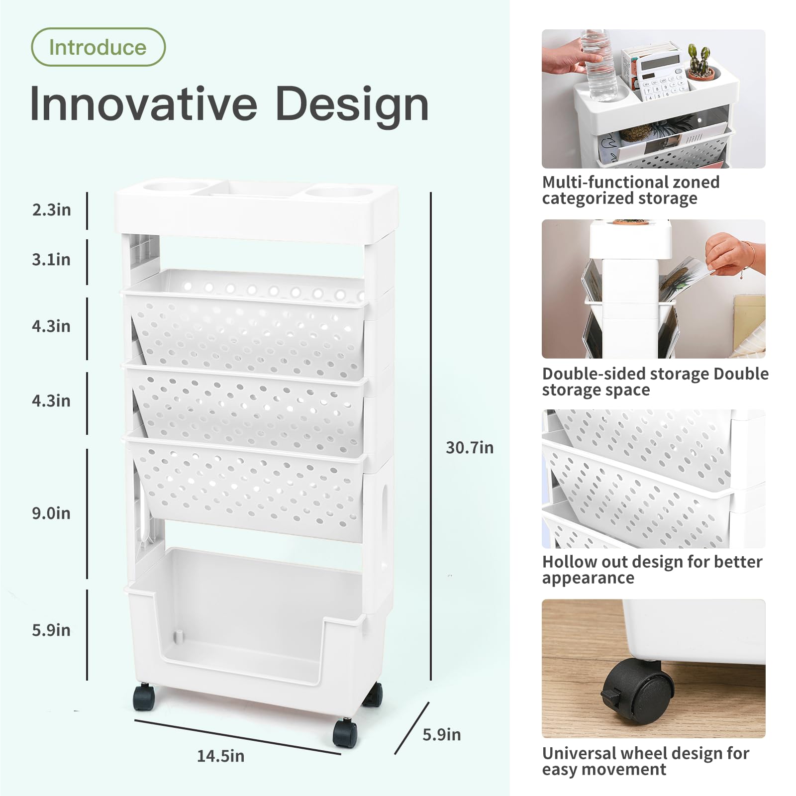 5-Tier Plastic Mobile Bookshelf with Wheels, Desk Organizer Document Folder File Storage with Pen Holder,Rolling Book Cart Movable Bookshelf for Office, Dorm, Classroom,Library, Living Room (White)