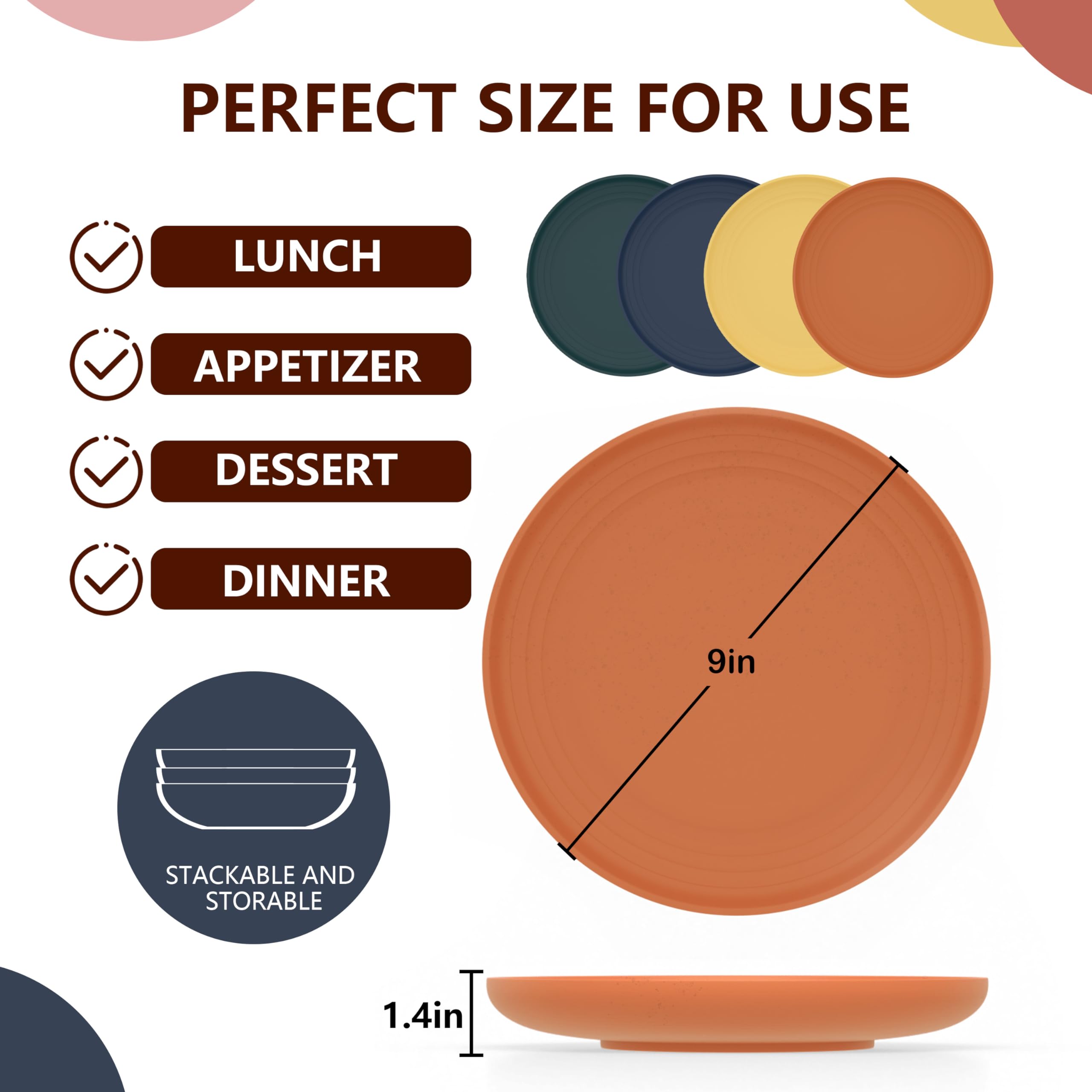 underbartliv Wheat Straw Plates,Alternative for Plastic Plates,9 Inch Unbreakable Kitchen Plates Set of 8,Dishwasher & Microwave Safe Dinner Plate Set Reusable, BPA Free,4 Color Designs