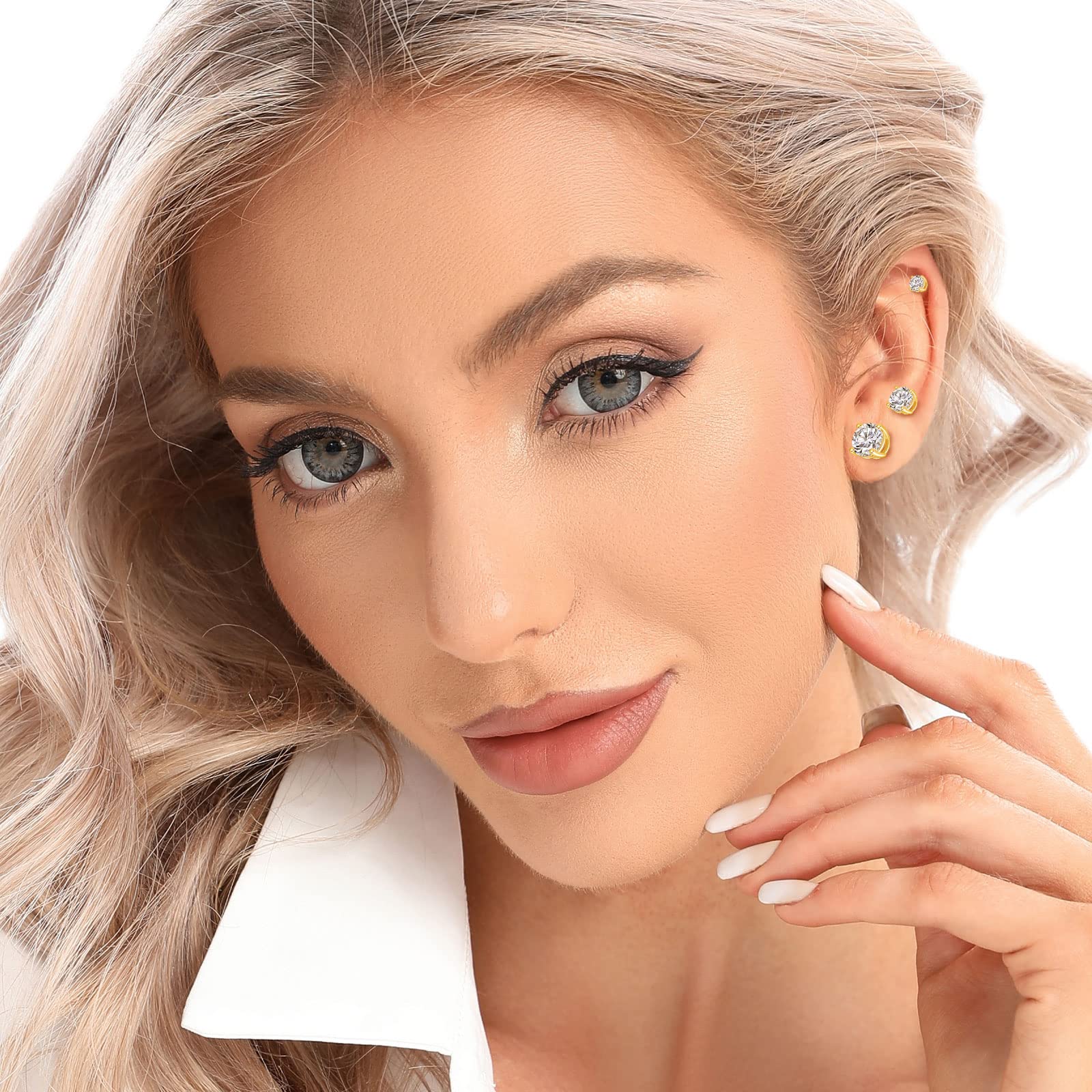 925 Sterling Silver 14k Gold Stud Earrings Set Hypoallergenic Round/Square Princess Cut Clear Cubic Zirconia Stud Earrings for Women Men 3/4/5/6/8 MM