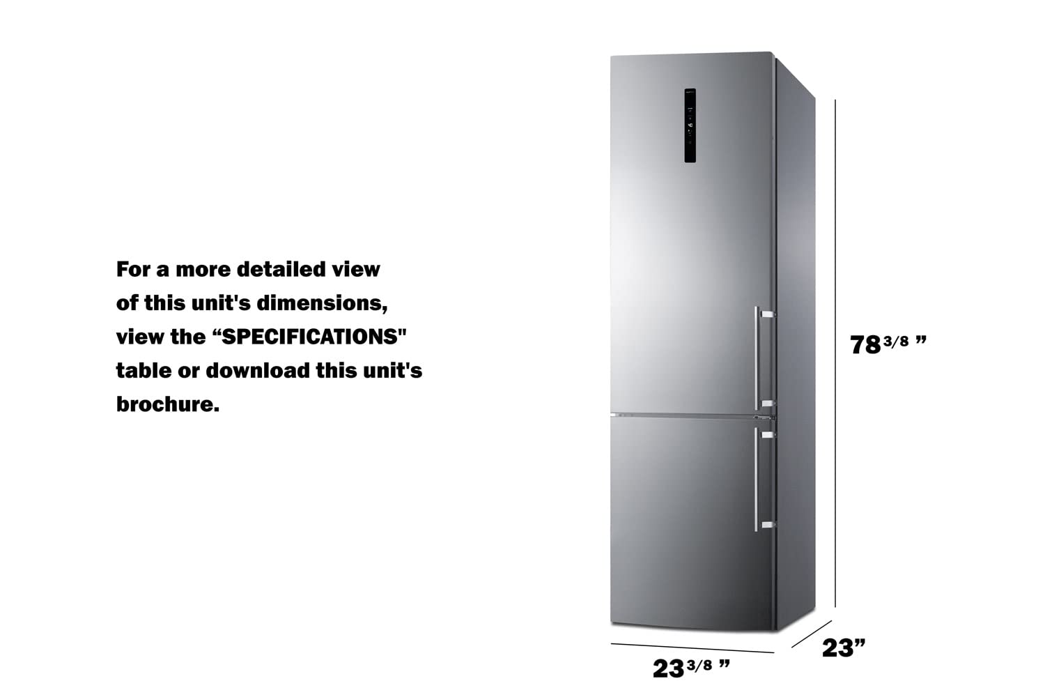 Summit Appliance FFBF181ES2LHD Bottom Freezer Refrigerator, 24" Wide, High Temperature Alarm, 11.7 cu.ft Capacity, Stainless Steel Door, Left Hand Door Swing, Multi-Flow Fan, Digital Thermostats