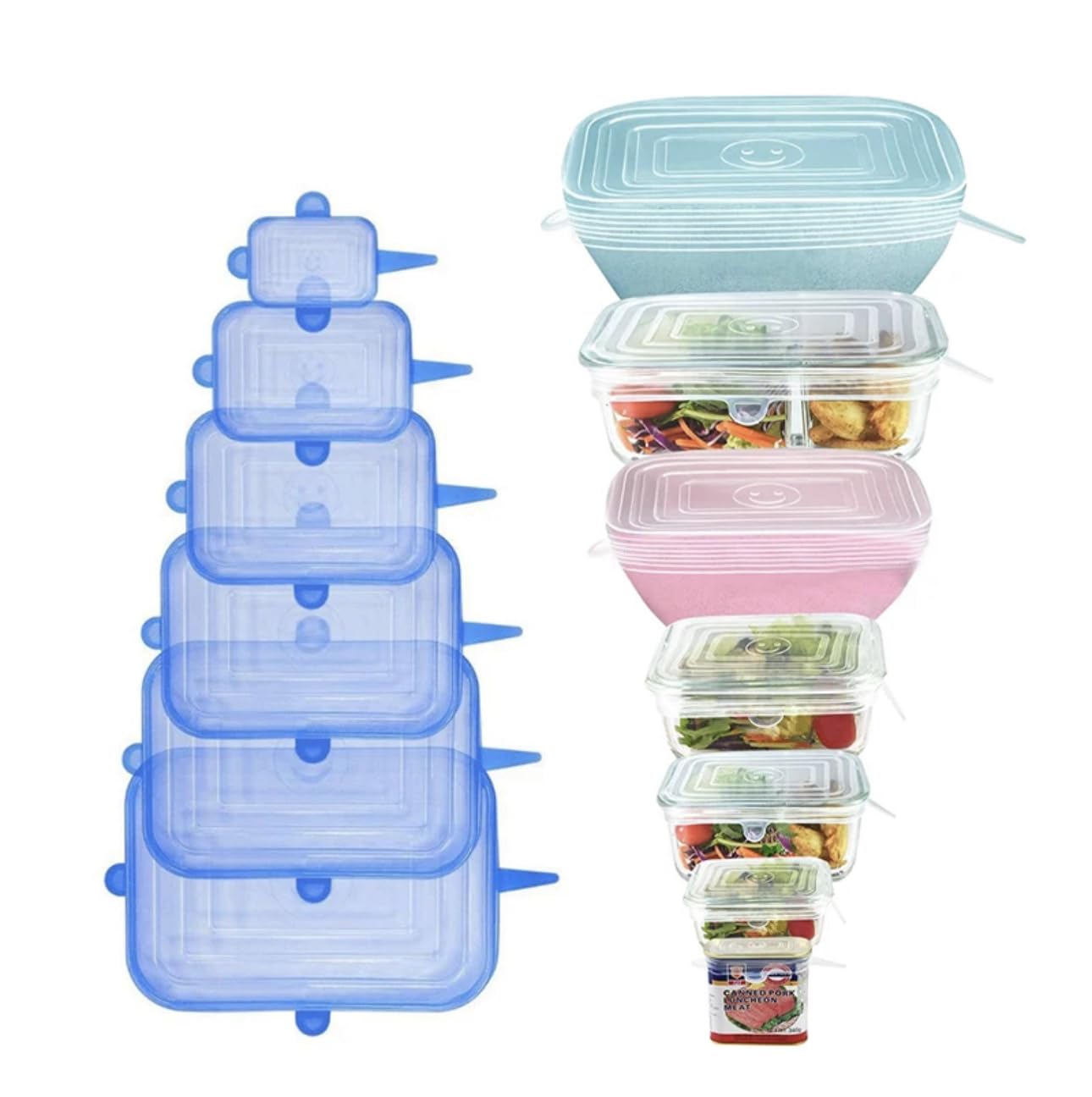TraCol Reusable Silicone Stretch Lids, 12 Pcs Silicone Lids, 6 different Sizes BPA-free Silicone Bowl Covers for Cups, Bowls and Dish, Flexible, Round and Rectangle Fit 2.5" - 8.5β Container, Blue