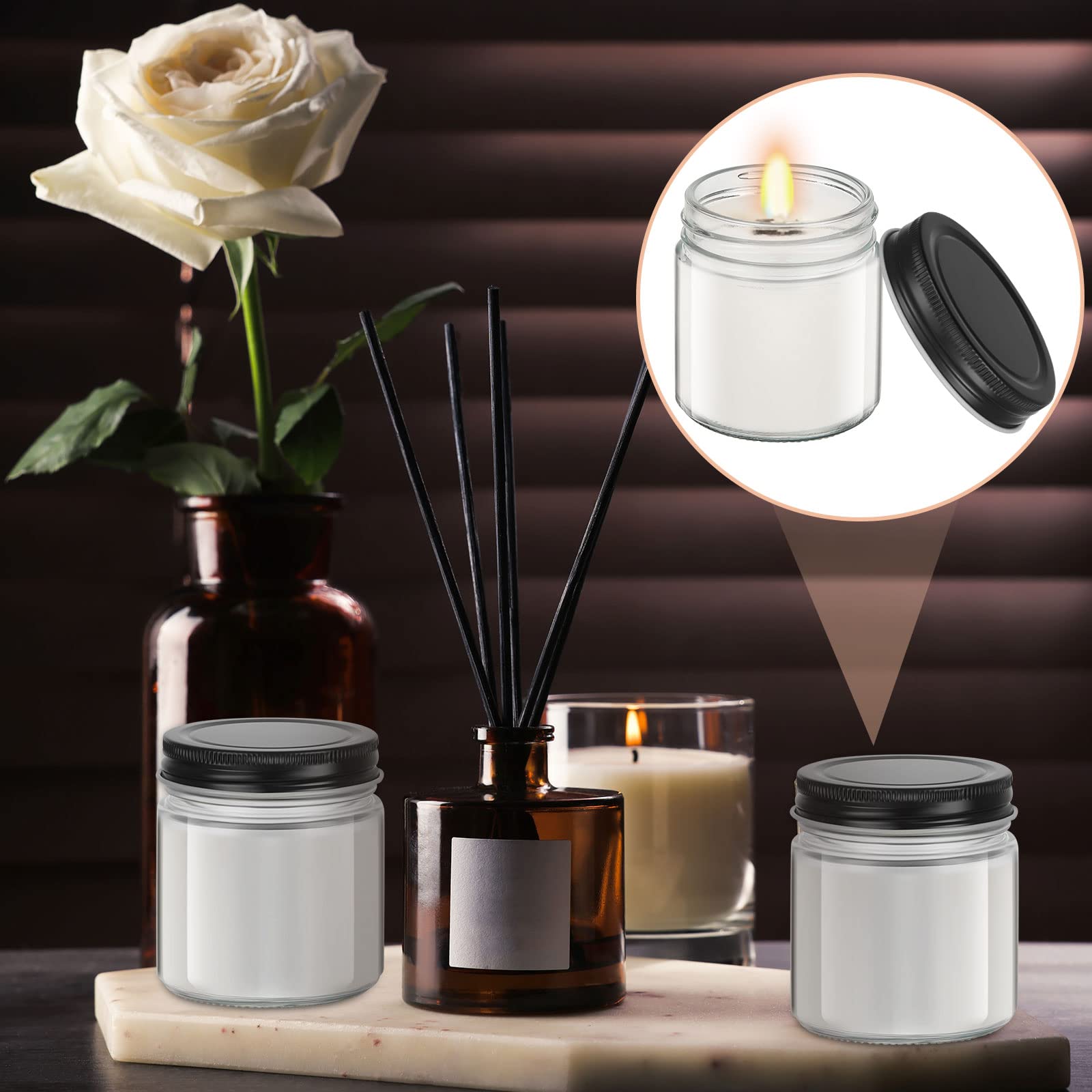 32 Pcs Thick Glass Jars with Lids Canning Jars 8 oz Clear Round Candle Jars Wide Mouth Pickle Jars with Lids Glass Storage Containers with Lids for Spice Powder Liquid Lotion Honey, Dishwasher Safe