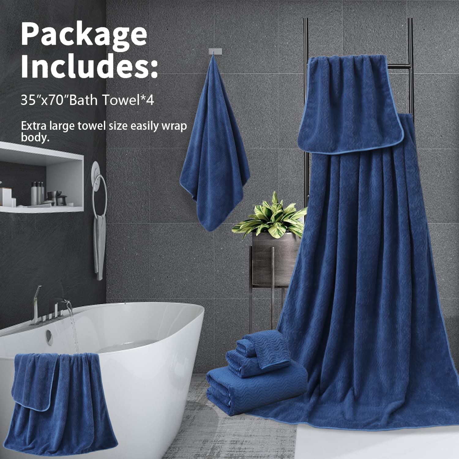 4 Piece Bath Towel Oversized Bath Sheet 35"x70" Navy Bathroom Towel Extra Large Bath Towel Set Highly Absorbent Quick Dry Premium Towel for Bathroom Spa Gym Hotel 600GSM Shower Towel for Daily Use