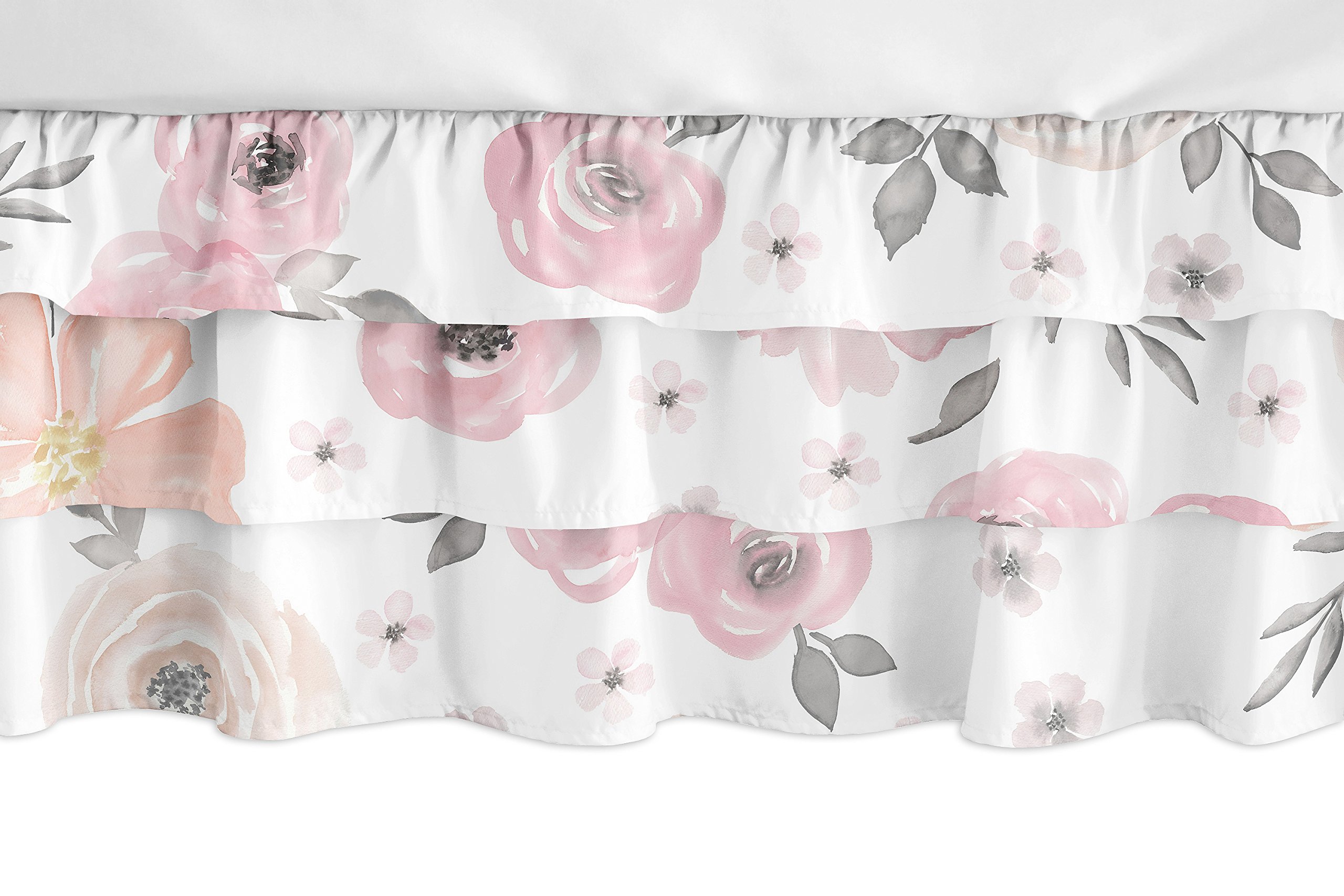 Sweet Jojo Designs Blush Pink, Grey and White Shabby Chic Girl Ruffled Tiered Baby Crib Bed Skirt Dust Ruffle for Watercolor Floral Collection - Rose Flower