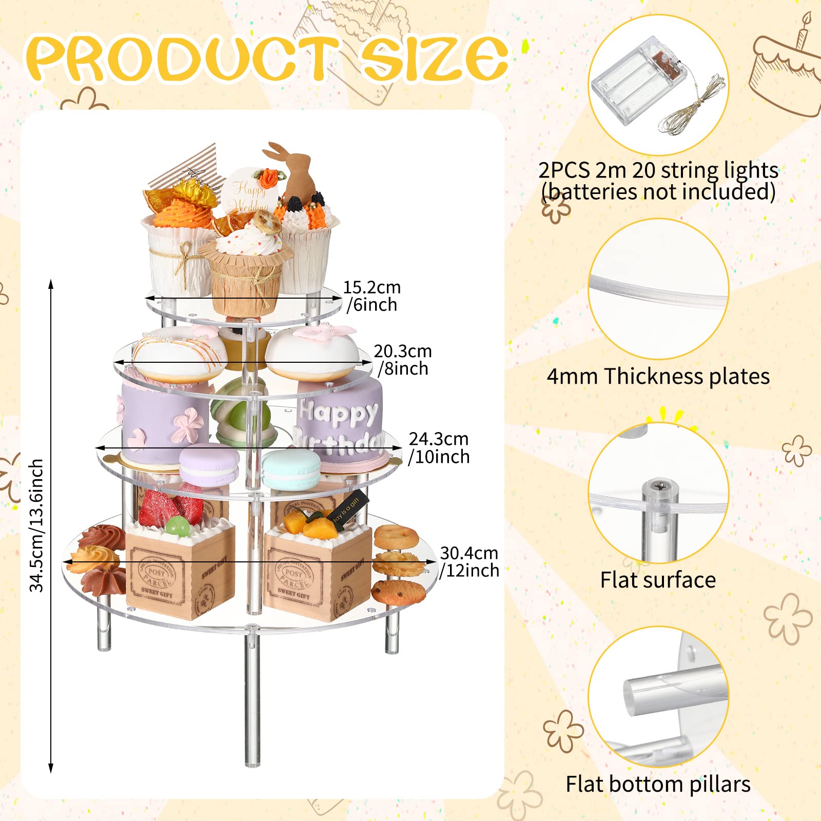 4 Pieces Round Acrylic Cake Stand for Dessert Table, Clear Cupcake Display Stand, 4 Tier Risers Pizza Holder with LED Light String for Wedding Birthday Party, 4 Sizes