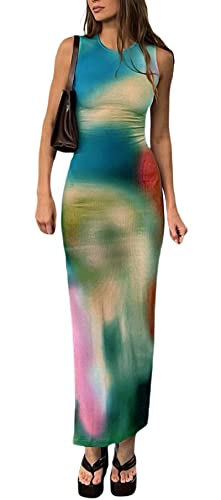 Argeousgor Women Y2k Tie Dye Tank Dress Sleeveless Bodycon Long Dresses Printed Slim Fit Short Dress Trendy Summer Sundress