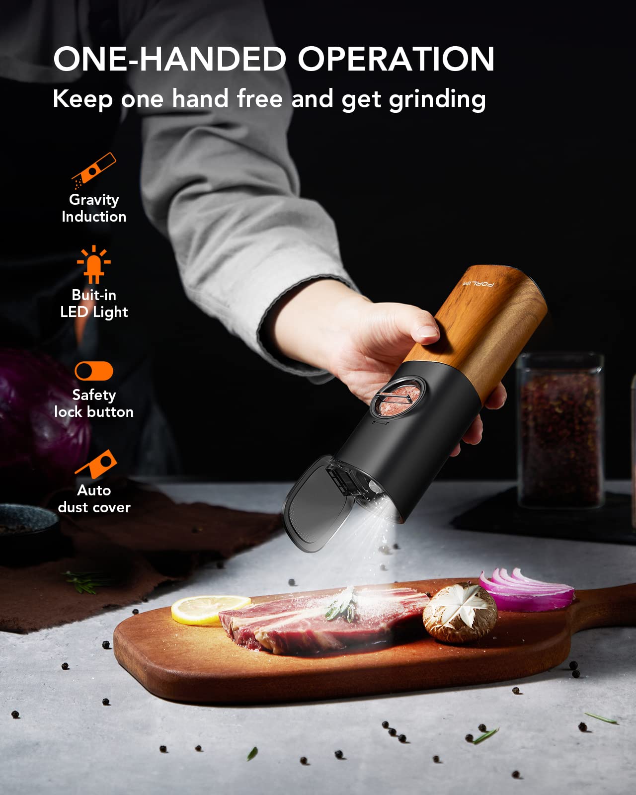 FORLIM Gravity Electric Salt and Pepper Grinder Set, Upgraded Large Capacity, USB Rechargeable Pepper grinder Automatic One Hand Operated, Adjustable Coarseness with LED Light(Natural Wood Grain)