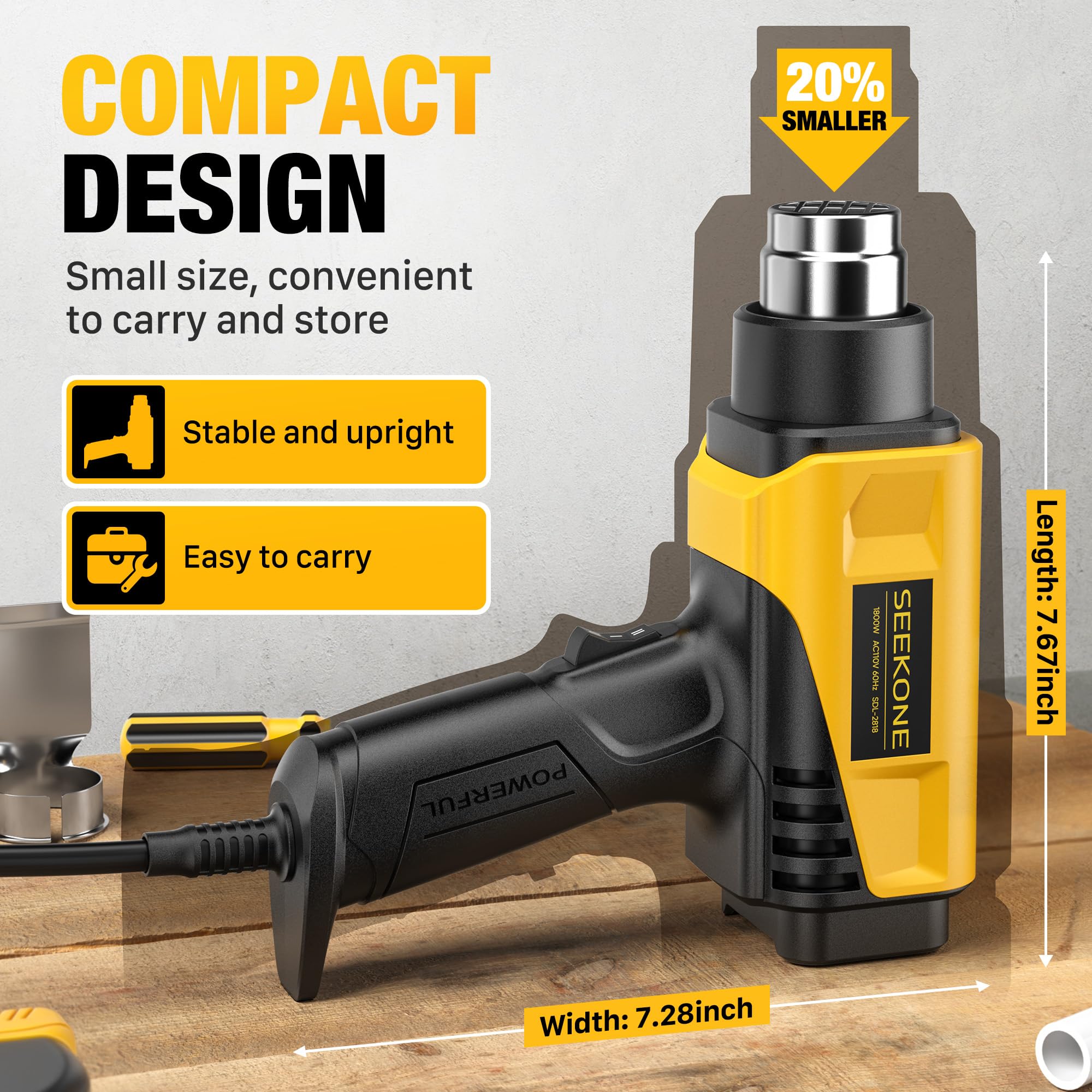 SEEKONE 1800W Heat Gun Compact Design Heavy Duty Hot Air Gun 122℉~1202℉(50℃- 650℃)Variable Temperature Control for 2 Speed Settings with 4 Nozzels for Crafts, Vinyl Wrap, Shrink Tubing