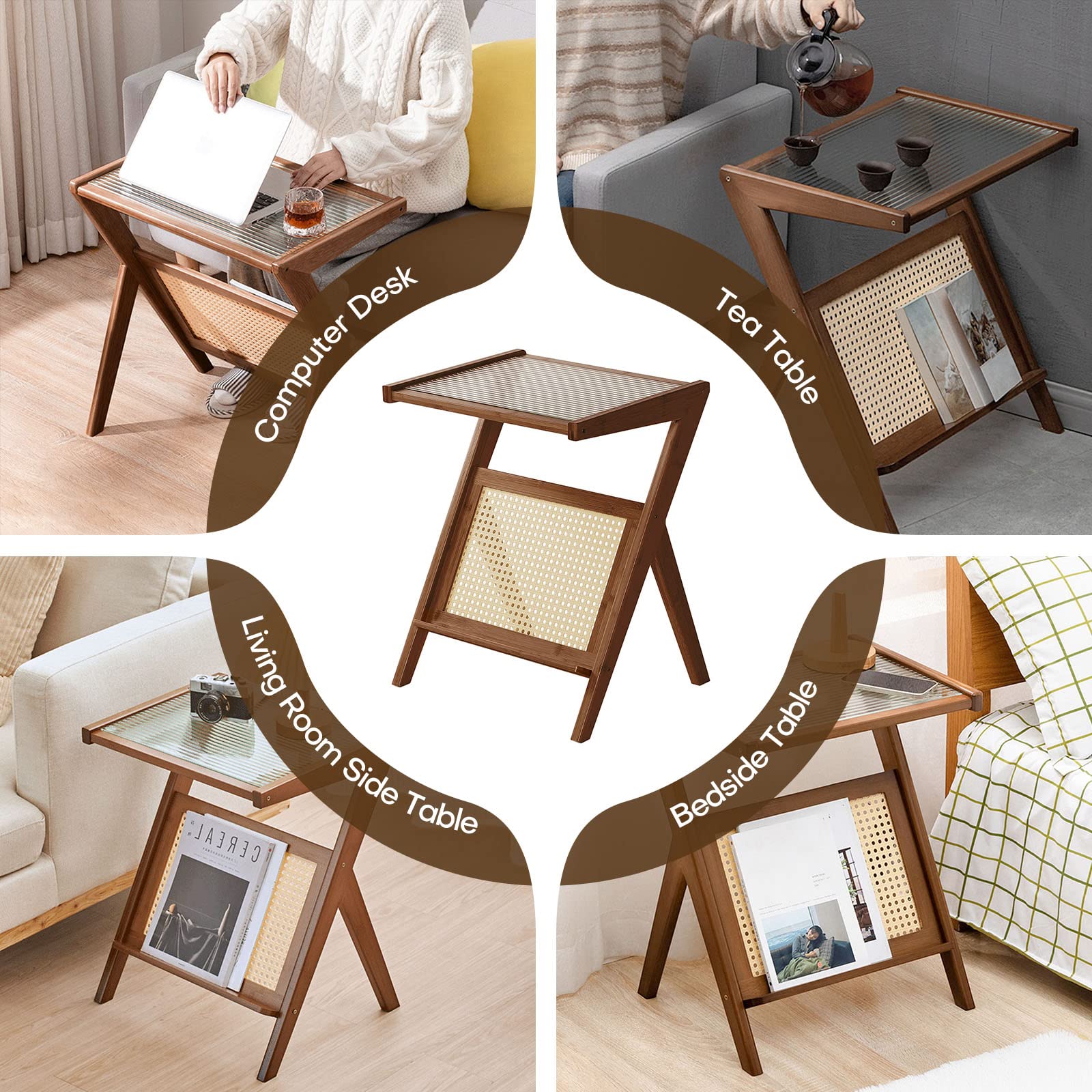 RêveLife Rattan End Table with Magazine Rack Glass-top Bamboo Sofa Side Table Accent Bedside Nightstand Boho Z Shaped Coffee Table for Bedroom Living Room Small Space, Walnut