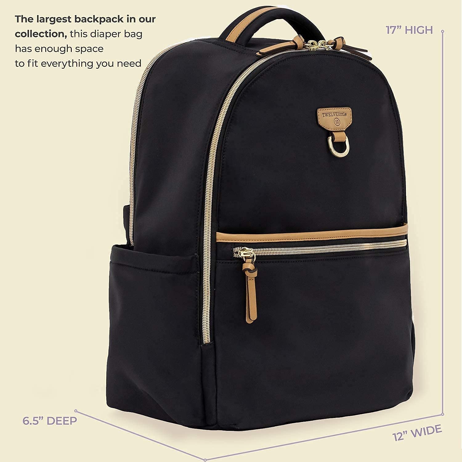 TWELVElittle On The Go Diaperbag Backpack in Black Tan - Includes Changing Pad and Stroller Clips. Diaper Bag Backpack for Moms or Dads