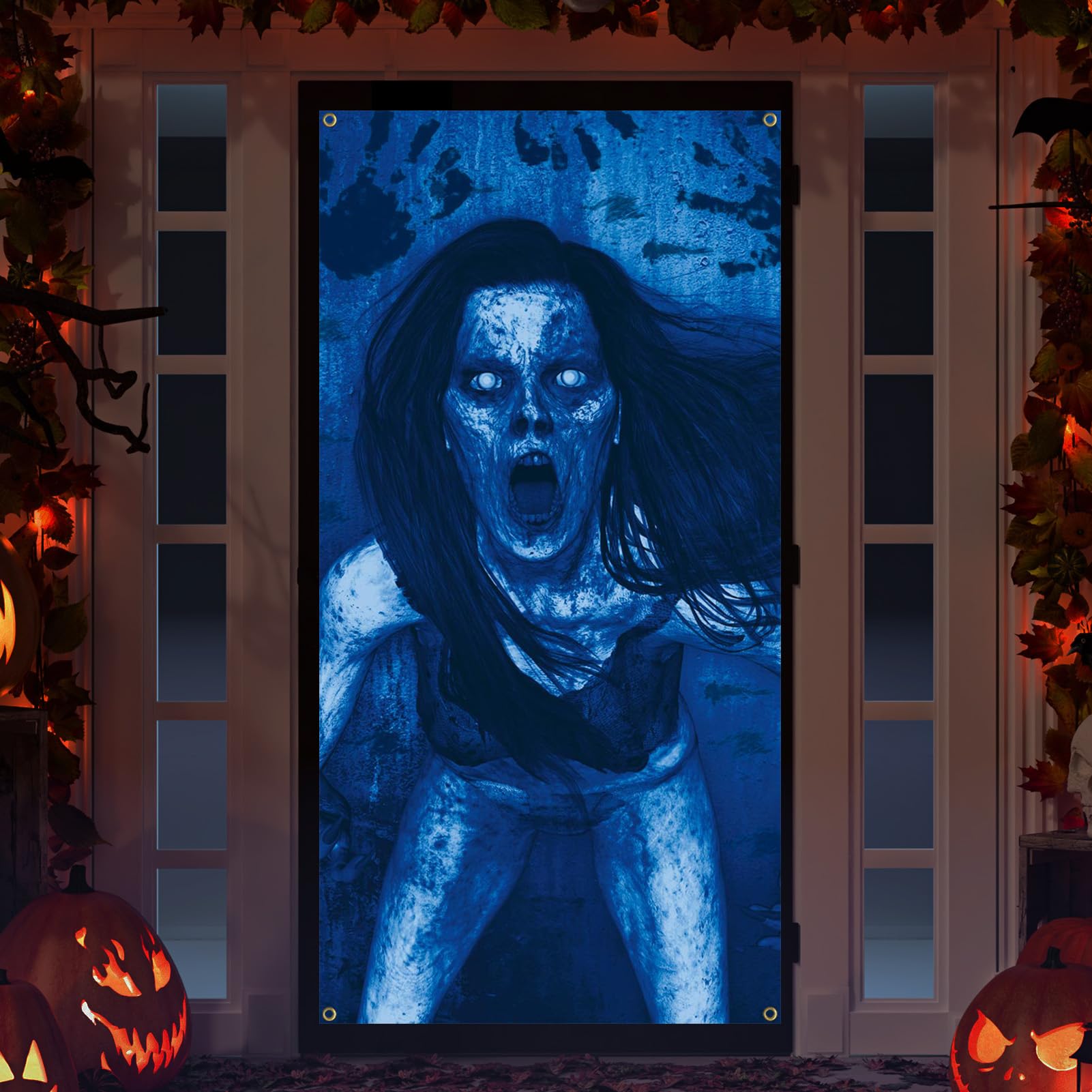 Roetyce Halloween Door Decorations, Scary Halloween Front Door Banner Backdrop, Halloween Themed Window and Door Sign Cover Banner Party Supplies, Halloween Porch Decorations for Indoor/Outdoor