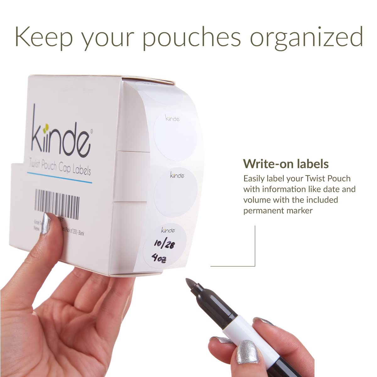 Kiinde Twist Cap Single-Use Write-On Labels for Breast Milk and Baby Food Storage Pouches (Pack of 250) - Includes Label Dispenser with Marker and Marker Holder - Blank