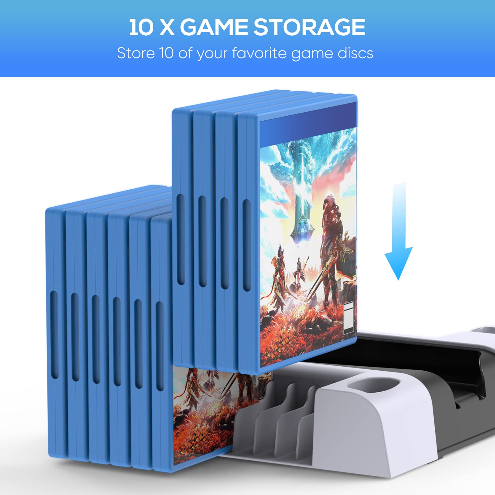 5 in 1 Vertical Stand for PS5/PS5 Digital Edition with Cooling Fan 3 Adjustable Level and Controller Charger Dock Fast Charging with LED Indicator, 2 Holder Hanger, Remote Slot&10 Game Rack Organizer