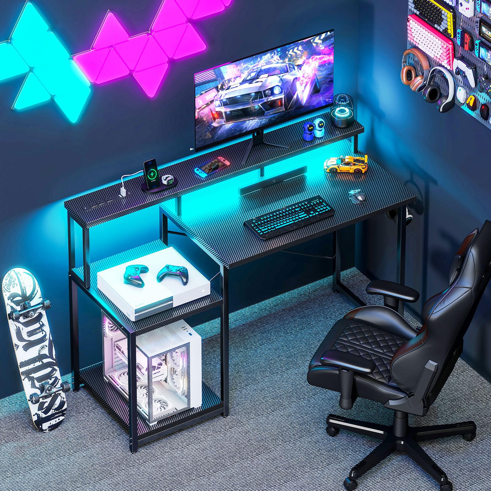 AODK Computer Desk, 48 Inch Gaming Desk with Led Lights & Power Outlet, Office Desk with Printer Storage Shelves, Reversible Desk with Monitor Shelf & Headphone Hook, Carbon Fiber Black