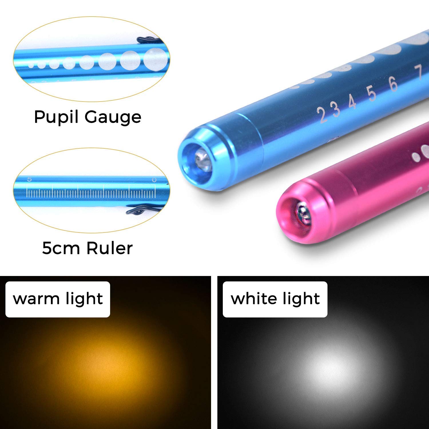 Pen Light, RISEMART Reusable LED Medical Penlight for Nurse Students Doctors with Pupil Gauge, Extra Warm Light Bulb, Pocket Clip and Batteries Included