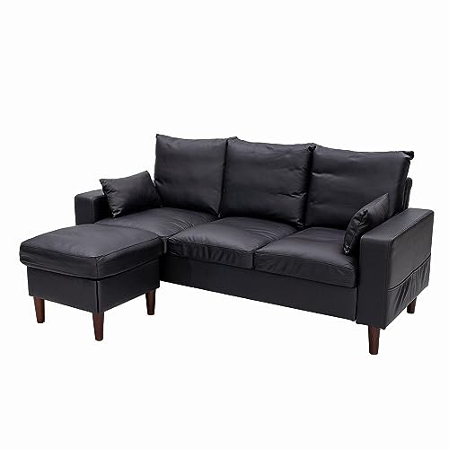 Panana Reversible Sectional Sofa Couch for Small Apartment L Shape Sofa Couch 3-seat Sectional Corner Couch, Black Leathaire