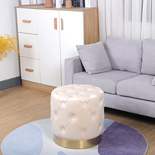 Modern Velvet Round Tufted Ottoman Button Stool with Gold Metal Base β Upholstered Footrest for Bedroom Living Room (Beige4, Large)