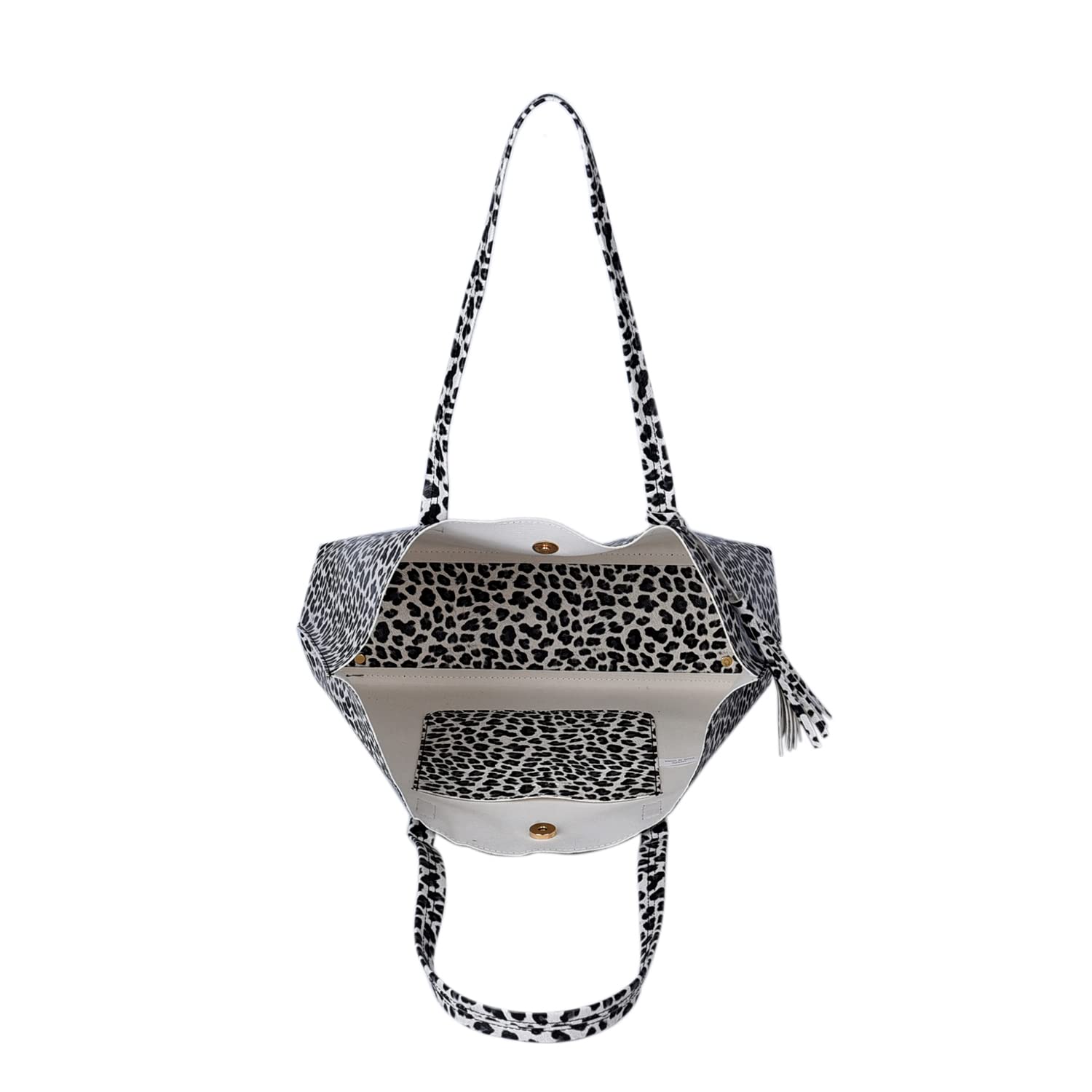 PASSAGE Women Black and White Leopard Pattern Print Soft Faux Leather Tote Shoulder Bag with Tassel Birthday Gifts