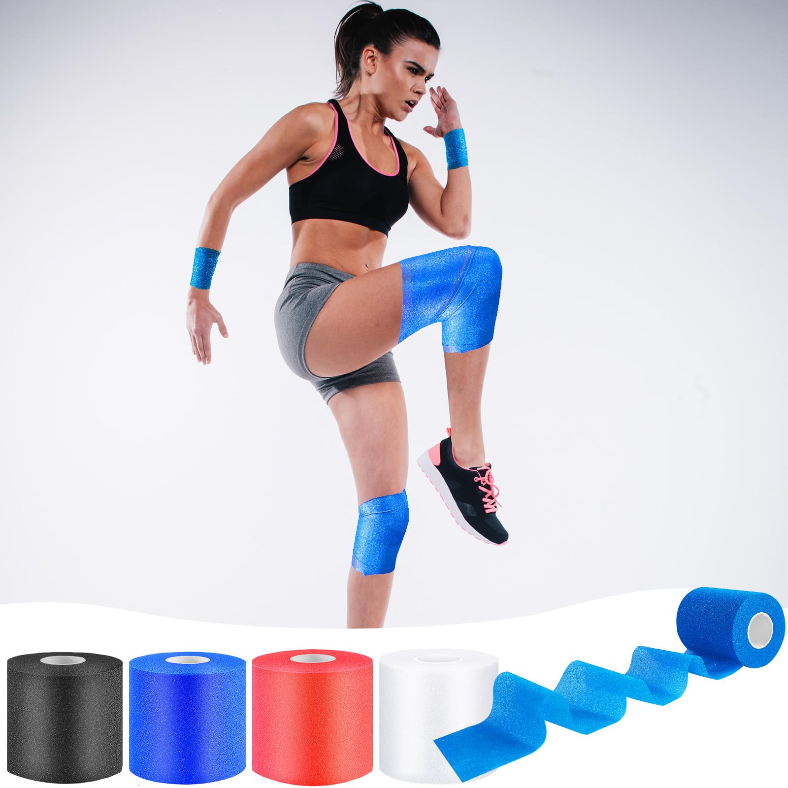 4 Pieces Foam Underwrap Tape Bandage Wrap Sports Pre-wrap Athletic Tape for Elbow Ankles Wrists Hands and Knees (Black&Red&White&Blue)