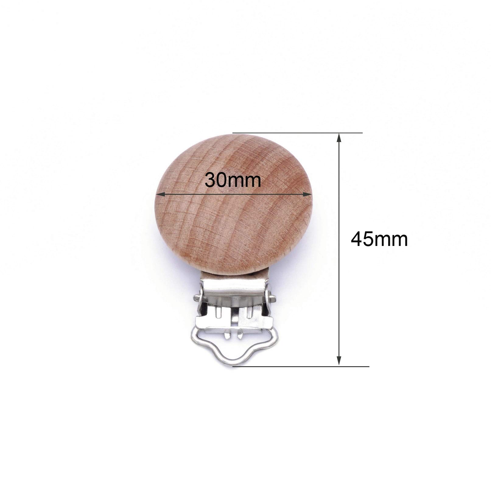Sutoyuen 10Pcs 30mm (1.18") Natural Wood Pacifier Holder Round Beech Metal Teether Wooden Teething Beads Suspender Clips DIY Pacifier Accessories
