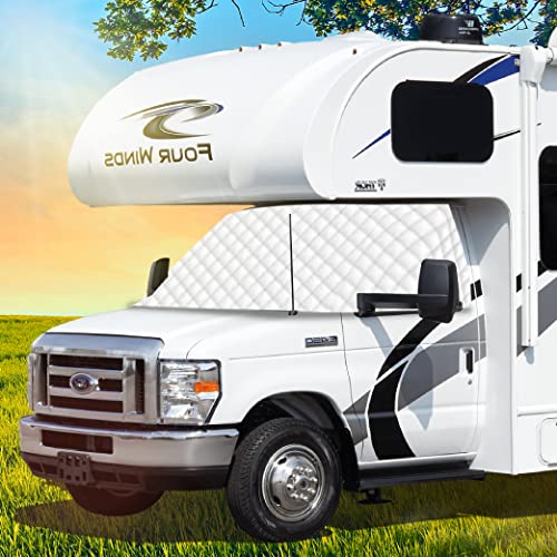 LATCH.IT RV Windshield Cover Class C | RV Front Windshield Cover Class C Compatible with Ford 1997-2023 | Class C Motorhome Windshield Cover w/Upgrade Mirror Cutouts and Elastic Corner Bands