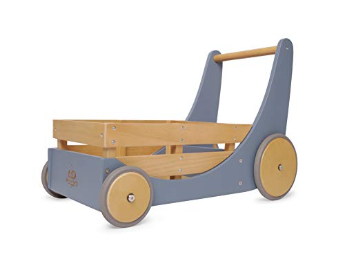 Kinderfeets 2-in-1 Wooden Cargo Walker Cart Wagon with Adjustable Rubber Wheels and Removable Basket for Children and Toddlers (Blue)