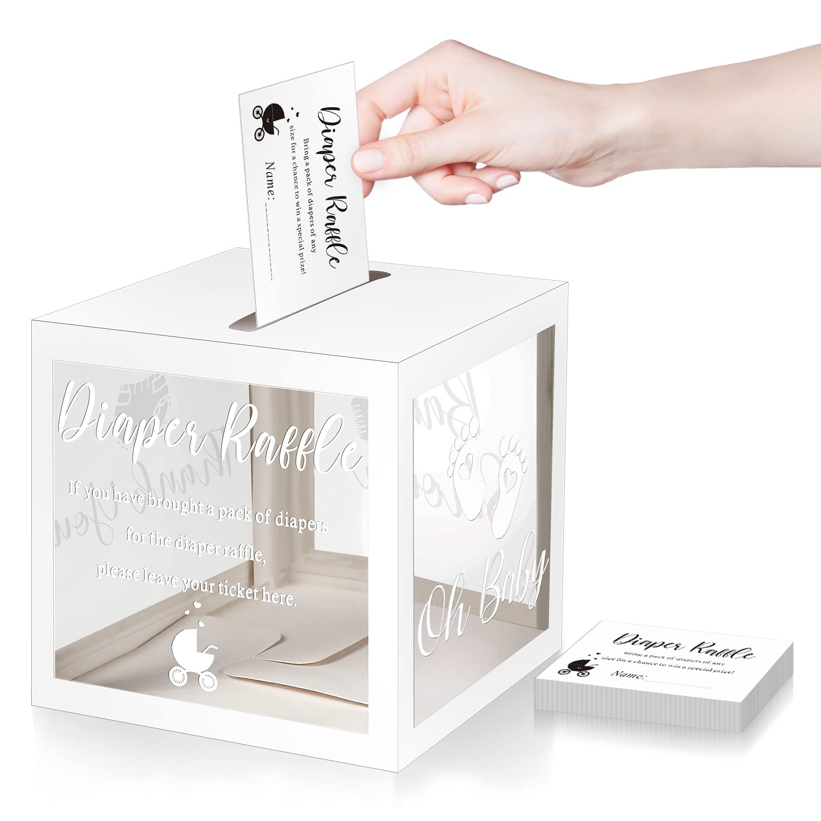 Funrous 50 Diaper Raffle Tickets with Box for Baby Shower Game Invitations Diaper Raffle Card for Gender Reveal Baby Shower Party Decoration Table Centerpiece (Clear White)