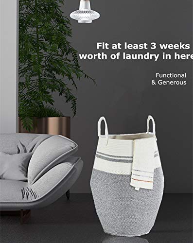 Laundry Basket Woven Cotton Rope Large Clothes Hamper 16" D x 25" H, Tall Basket with Extended Cotton Handles for Storage Clothes Toys in Bedroom, Bathroom, Foldable White and Gray by Gecious