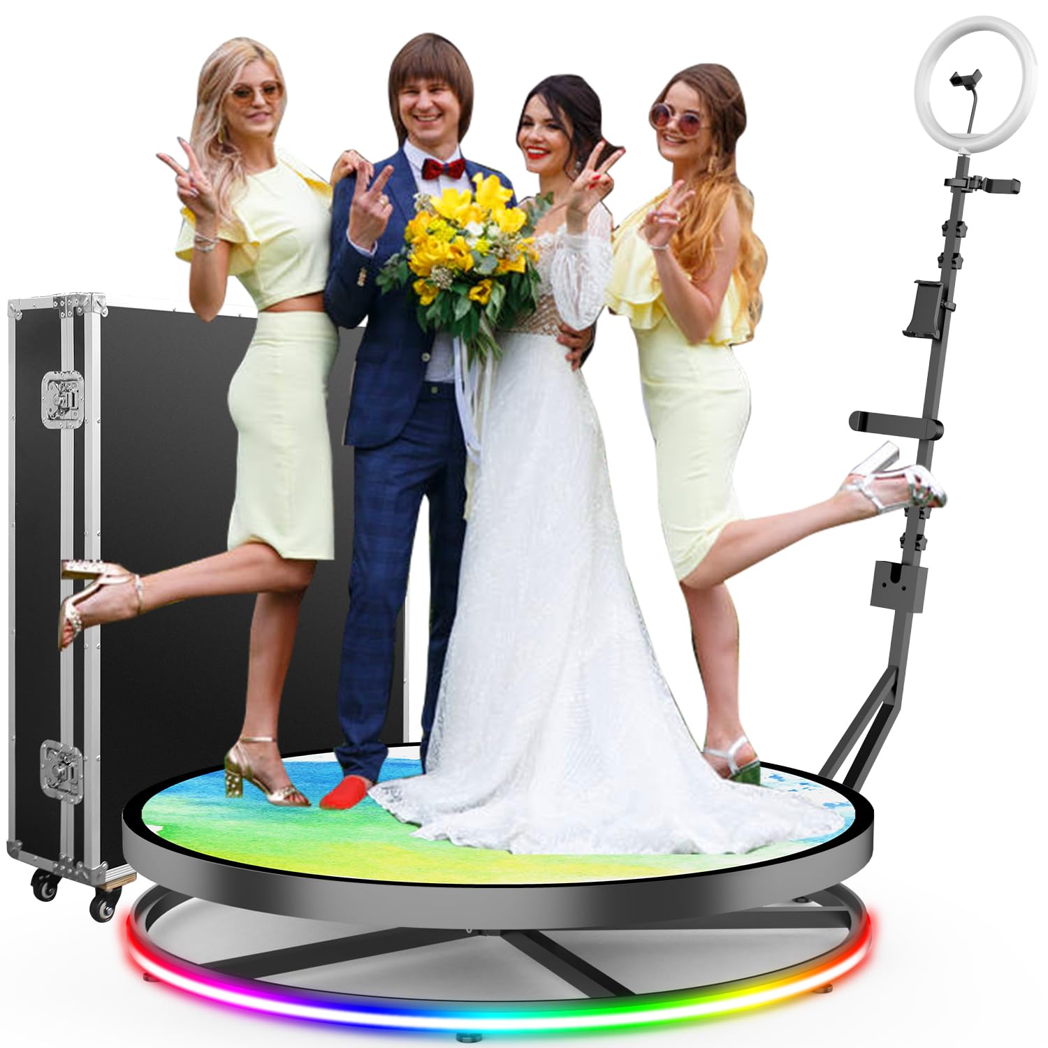 360 Photo Booth Machine for Parties with Ring Light 5 People Stand on Remote Control Automatic Slow Motion 360 Spin Photo Camera Booth Free Custom Logo 100cm 39.4 inch with Flight Case