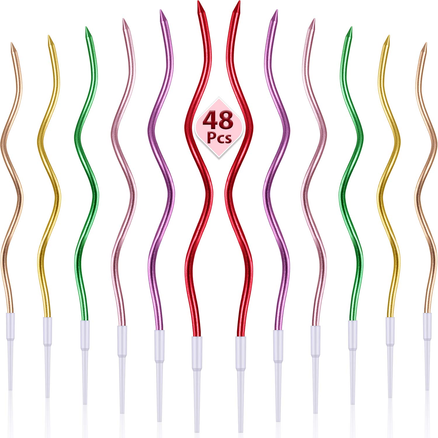 48 Pieces Twisty Birthday Candles Spiral Cake Candles with Holders Metallic Cake Cupcake Candles Long Thin Curly Coil Cake Candles for Birthday, Wedding Party and Cake Decoration (Metallic Colorful)