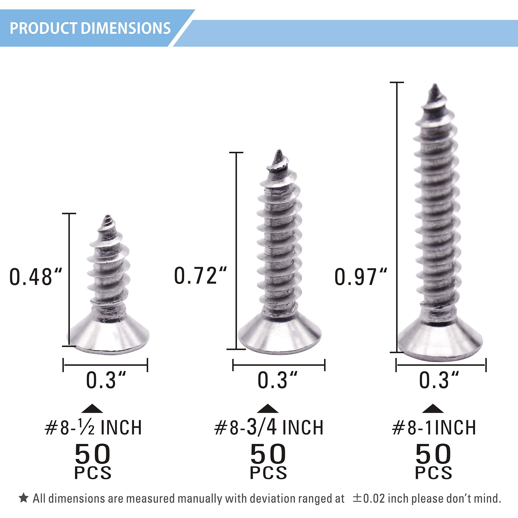 Jetovo 150 Pack 304 Stainless Steel Flat Head Phillips Self Tapping Screws Phillips Drive Wood Screw Assortment Kit - Size: #8 x 1/2" #8 x 3/4" #8 x 1"