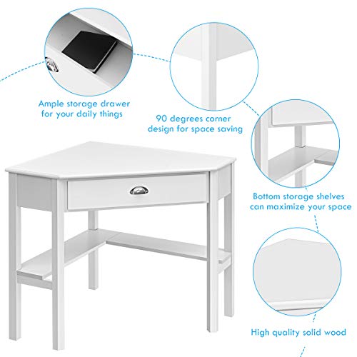 Tangkula White Corner Desk, Corner Computer Desk with Drawer for Small Space, Small Corner Makeup Vanity Desk, 90 Degrees Triangle Corner Desk with Storage Shelves