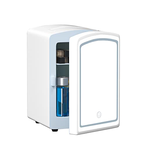 COYCYQI Mini Fridge for Skin Care, 4 Liter Portable Small Fridge with Mirror, Hot or Cold Personal Beauty Refrigerator for Bedroom, Office, Car, Makeup (White)