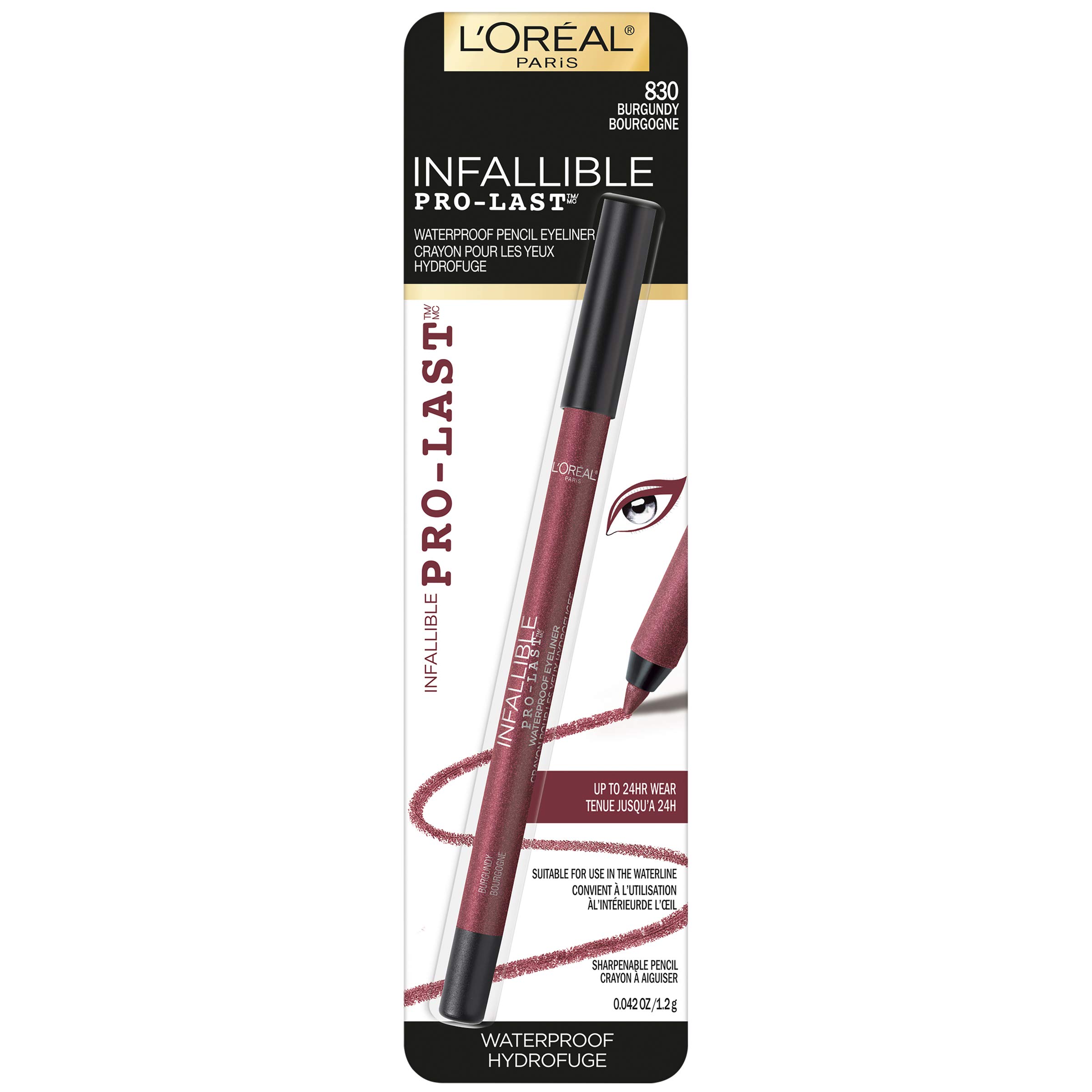 L’Oréal Paris Makeup Infallible Pro-Last Pencil Eyeliner, Waterproof and Smudge-Resistant, Glides on Easily to Create any Look, Burgundy, 0.042 oz.