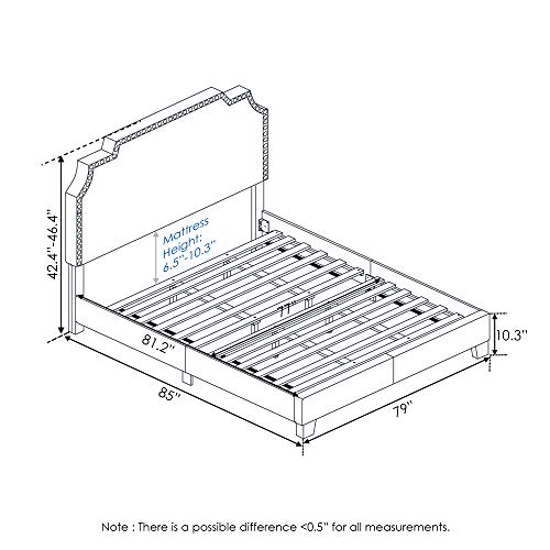 Furinno Nadia Nailhead Trim Bed Frame, King, Gray
