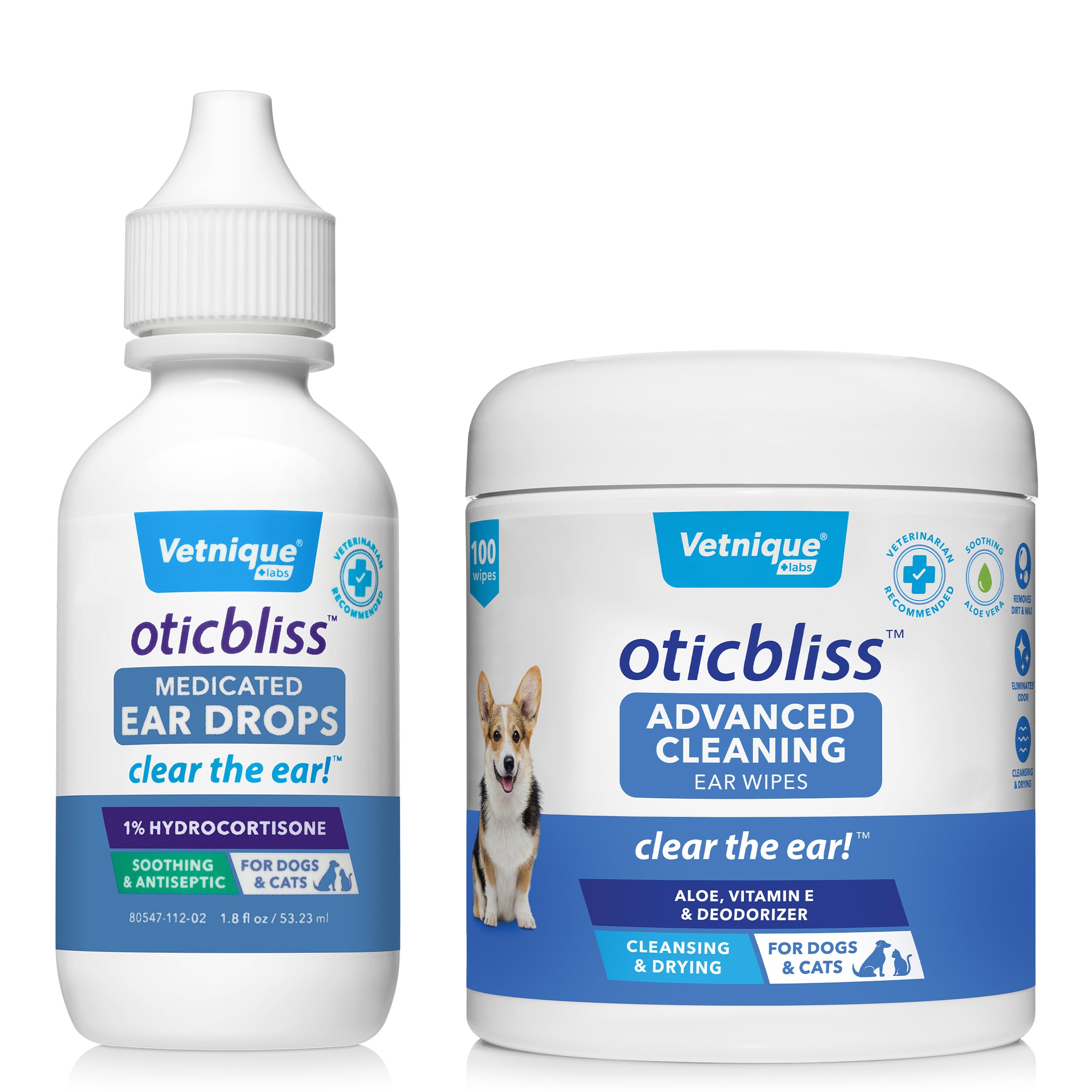 Oticbliss Medicated Ear Drops and Oticbliss Advanced Cleaning Wipes (100 Ct) Bundle Advanced Ear Cleaning Solutions with Medicated Ear Drops for Dogs Plus Dog Ear Cleaning Wipes with Aloe