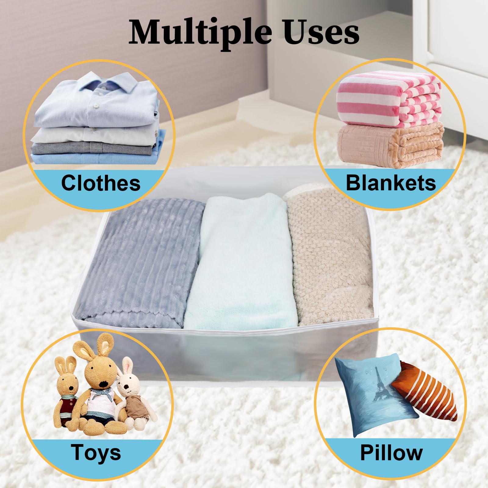 Fordonral Set of 6 Clear Clothes Storage Bags Large Thicken Clothes Organizer Bins for Blanket,Sheets,Quilt,Folded Clothes,Sweater,Jeans, Closet Organizers and Storage 6×60L
