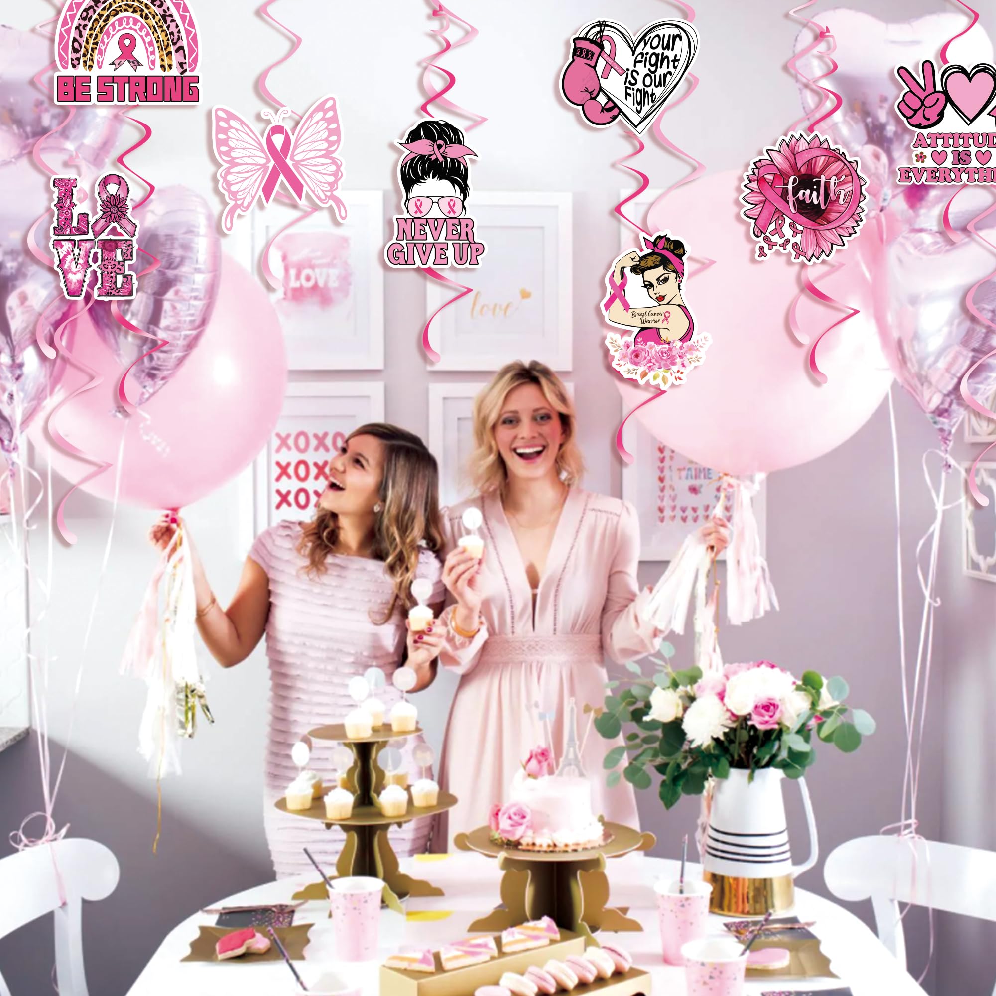 32pcs Breast Cancer Awareness Party Decorations Hanging Swirls, Pink Ribbon Ceiling Streamers Decor Faith Strength Courage for Breast Cancer Awareness Month Party Supplies
