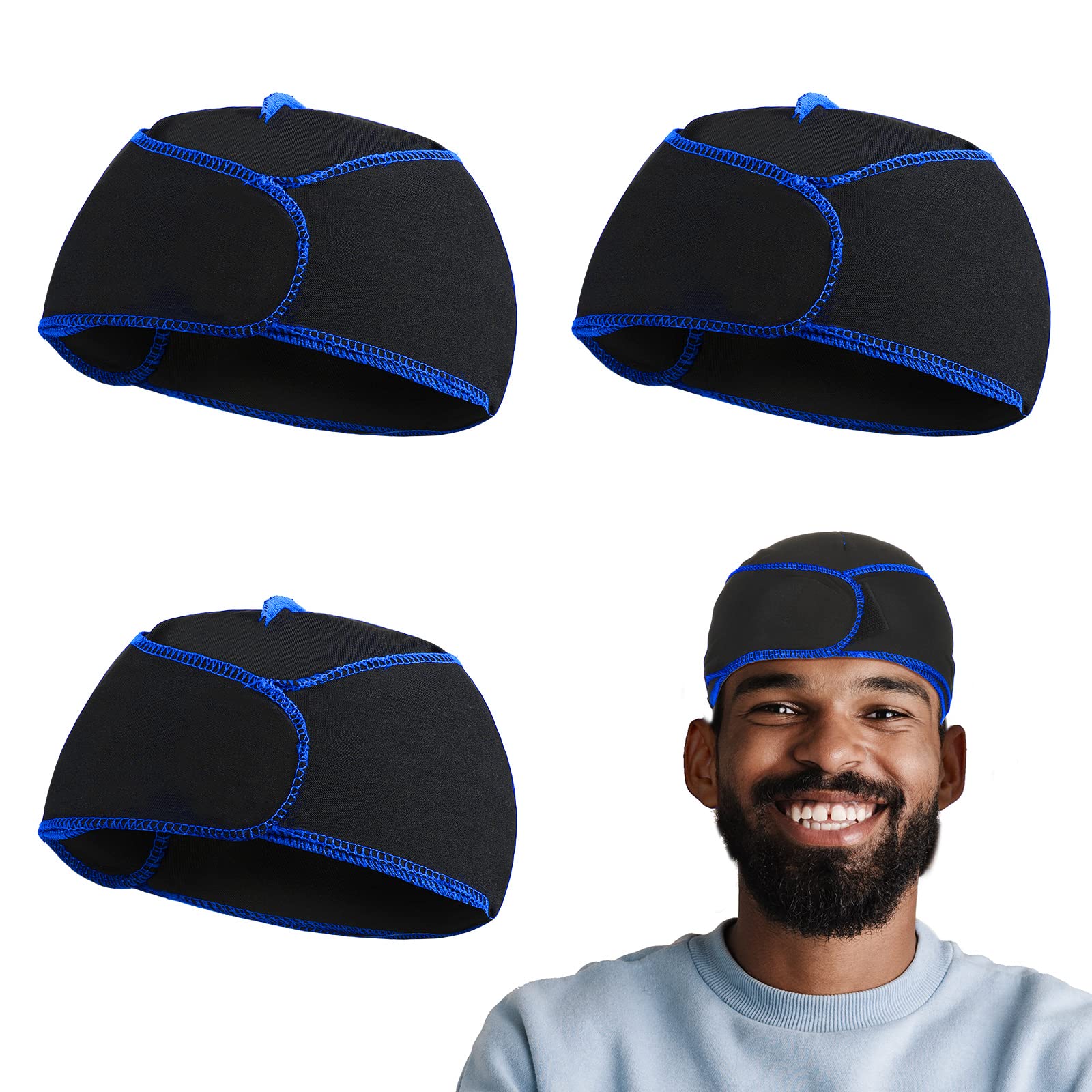 4 Pieces No Strings Snaps Stringless Durag Compressing Cap with Hook and Loop Skull Cap Wave Cap Cooling Helmet Liner Breathable Men Durag Sweat Wicking Durag Cap Cycling Stocking Black for Men Women