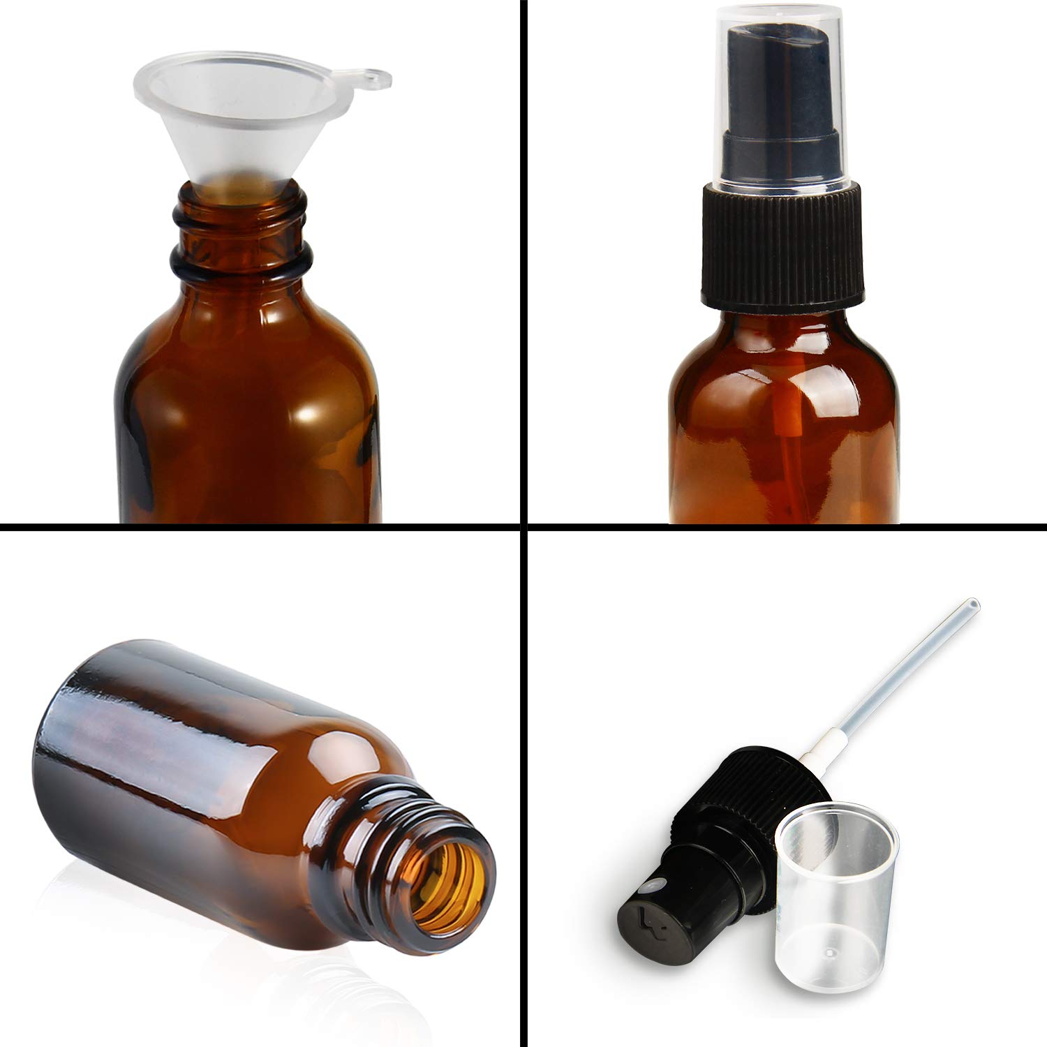 Ruckae Set of 20,1 oz Amber Glass Spray Bottles for Essential Oils, Hair, Water, Empty Small Fine Mist and Refillable Mister-With Funnel and Gold Pen,Black Fine Mist Sprayers