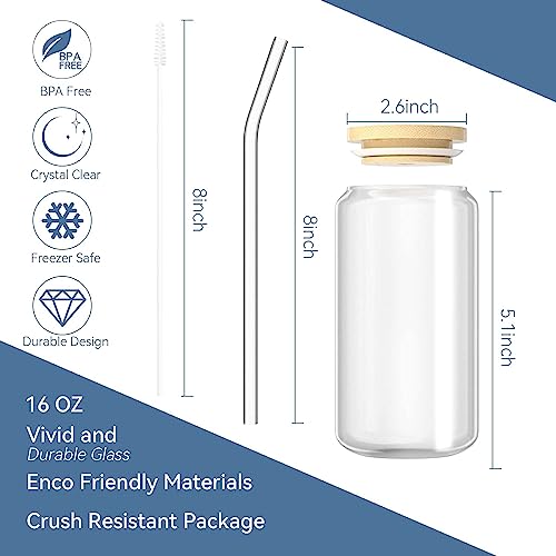 4PCS Glass Cups with Bamboo Lids and Glass Straws, 16oz Drinking Glasses Can Shaped Glass Cups, Beer Glasses, Iced Coffee Cups, Ideal for Gift, Wine, Cocktail- 2 Cleaning Brushes