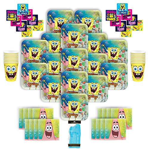 B-THERE Spongebob Squarepants Party Pack for 16 Guests - 16 Dinner Plates, Napkins, Cups, Cutlery Sets, and Stickers