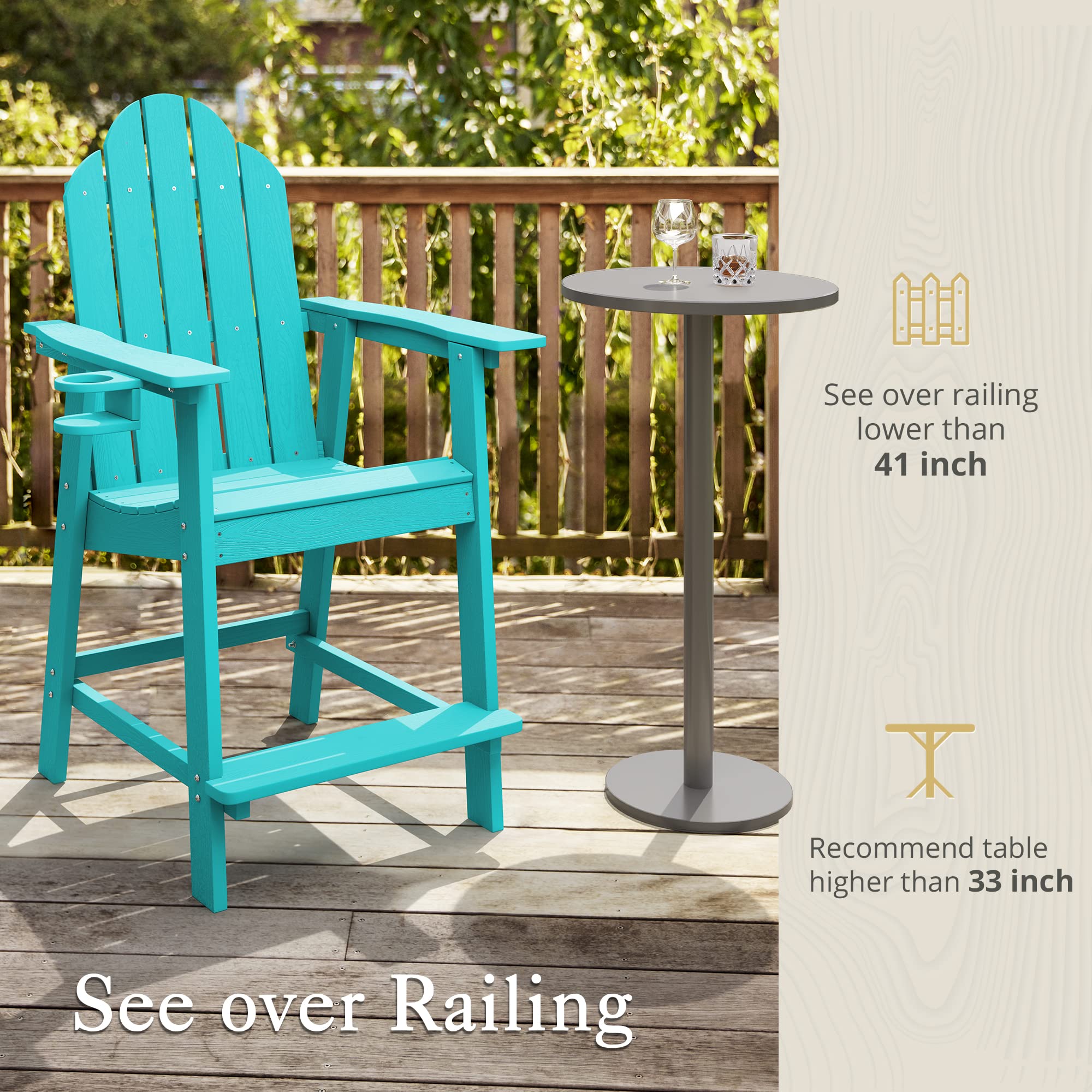 LUE BONA Tall Adirondack Chairs Set of 2, Recycled Poly Adirondack Chair Bar stools with Cup Holder, 25.6", 300Lbs, Eco-Friendly, Weather Resistant Lifeguard Chair for Balcony,Deck