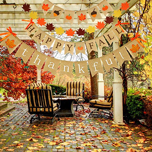 4 Pieces Thanksgiving Fall Decorations Burlap Thankful Banner Happy Fall Banner Pumpkins Maple Leaves Acorn Banner Felt Maple Leaves Garland Banner for Thanksgiving Decorations
