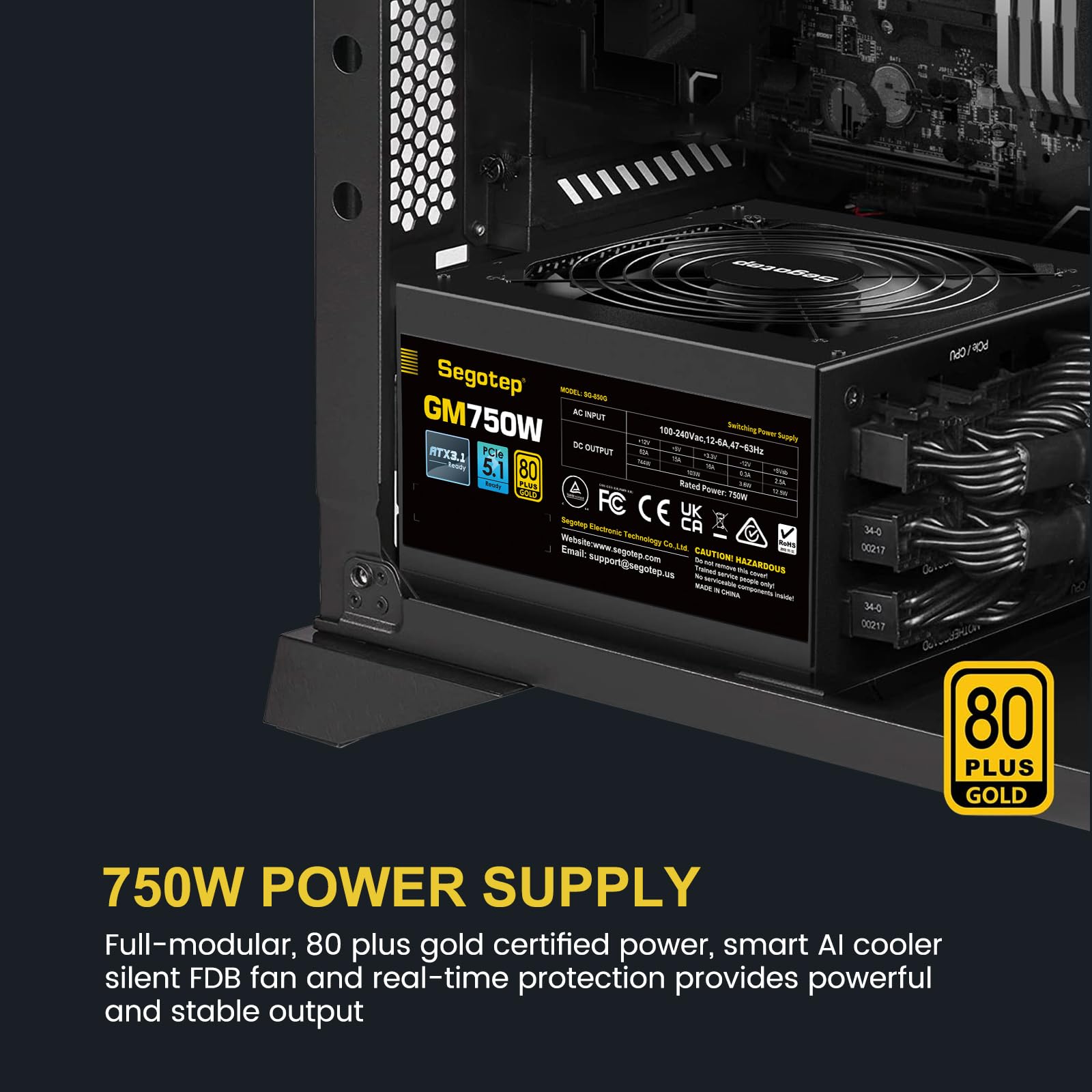 Segotep 750W Power Supply, 80 Plus Gold Full Modular PCIe 5.1 & ATX 3.1 Gaming PSU for NVIDIA RTX 20/30/40/50 Series & AMD GPU, 120mm Silent FDB Fan, Japanese Original Electrolytic Capacitors