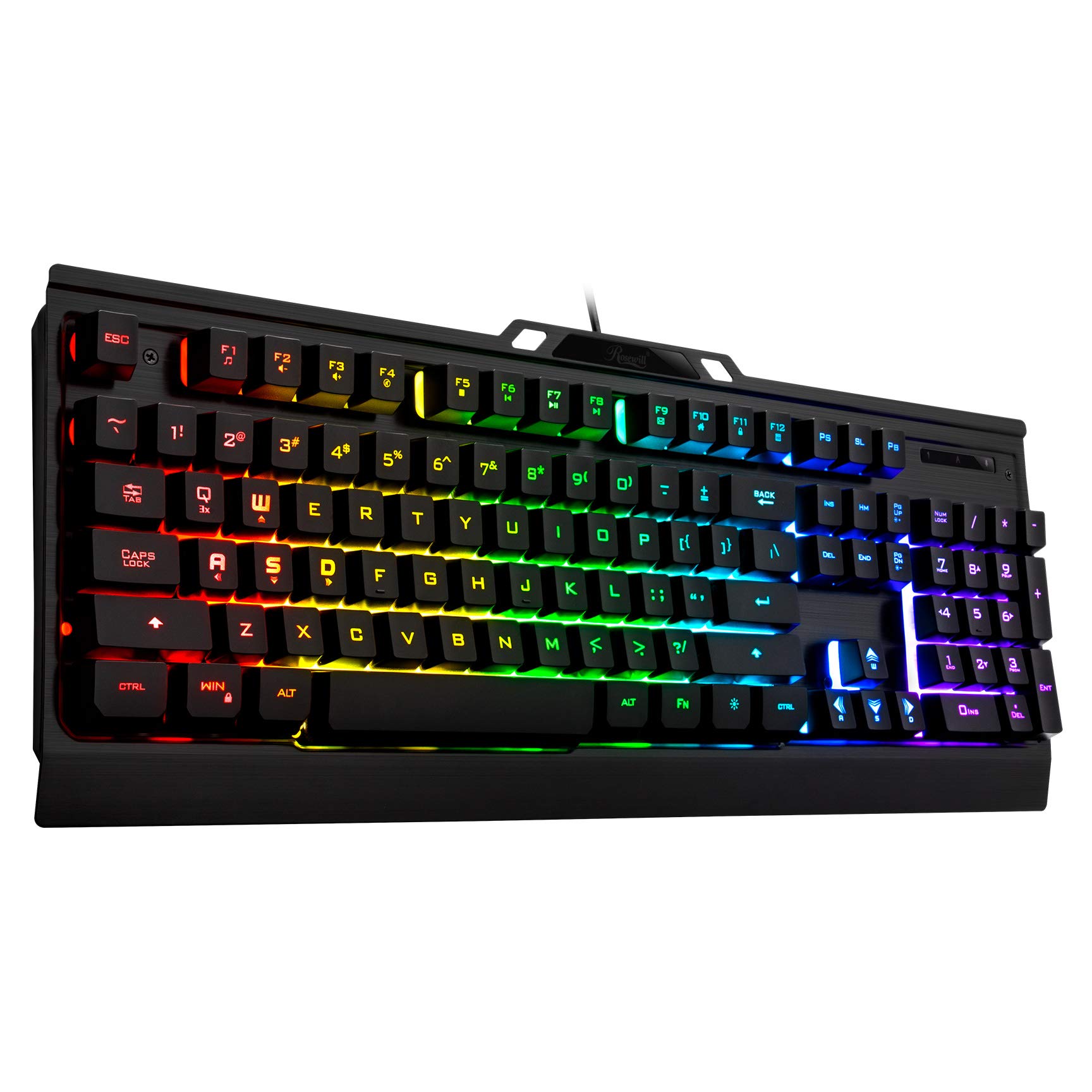 Rosewill NEON K54 Wired Membrane Gaming Keyboard, 9 RGB LED Backlight Effects, 104 Keys, 19-Key Anti-Ghosting, WASD and Arrow Keys Exchange, 8 Multimedia Hotkeys, Slim Profile Floating Keycaps