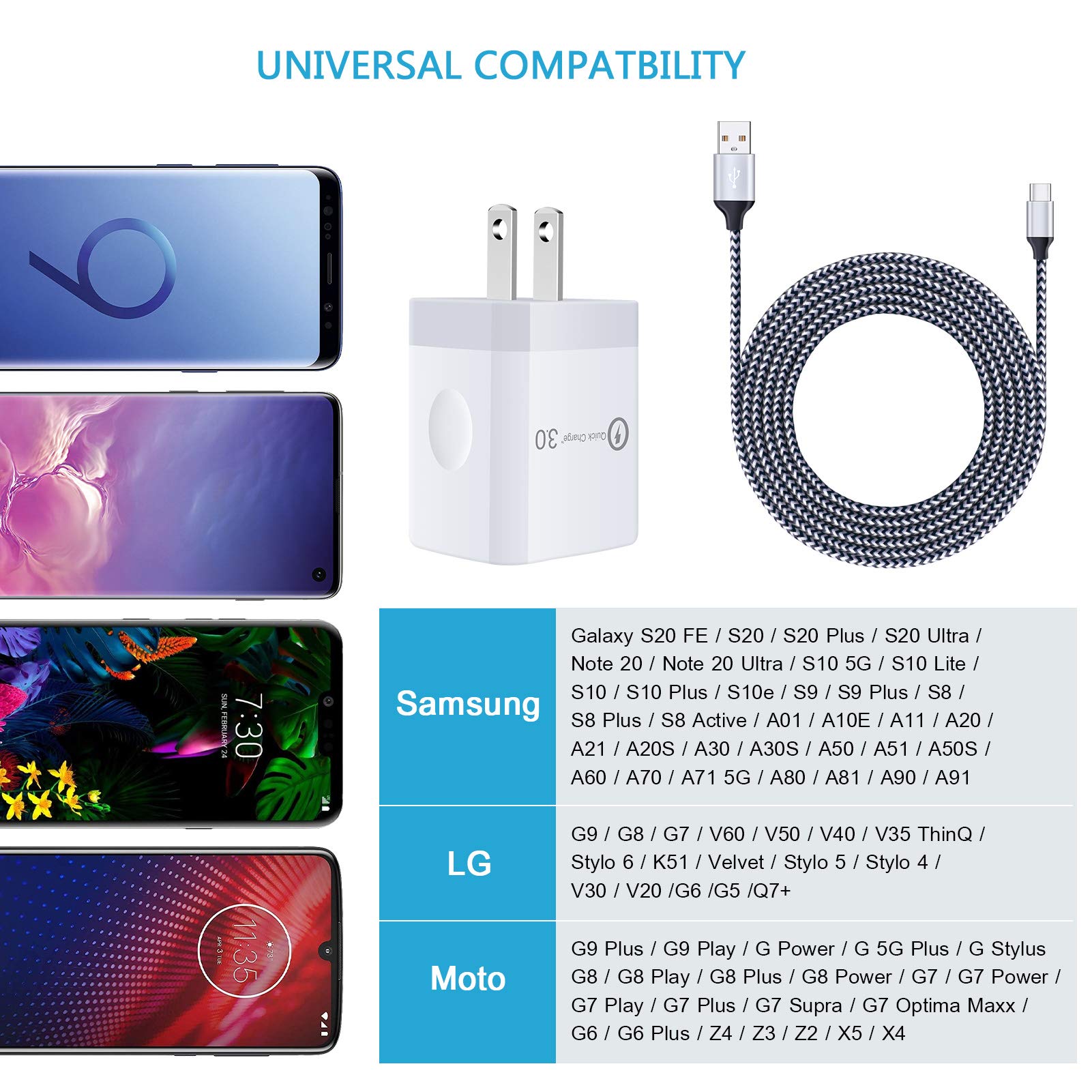 Quick Charge 3.0 Adaptive Fast Charging USB Adapter Wall Charger Plug with 2Pack 6ft Type C Cable for Samsung Galaxy S23 S22 S21 Ultra S20 FE Note 20 A14 A53 A13 A02S A12 A21 A51 A10E A50 A71 S10 S9