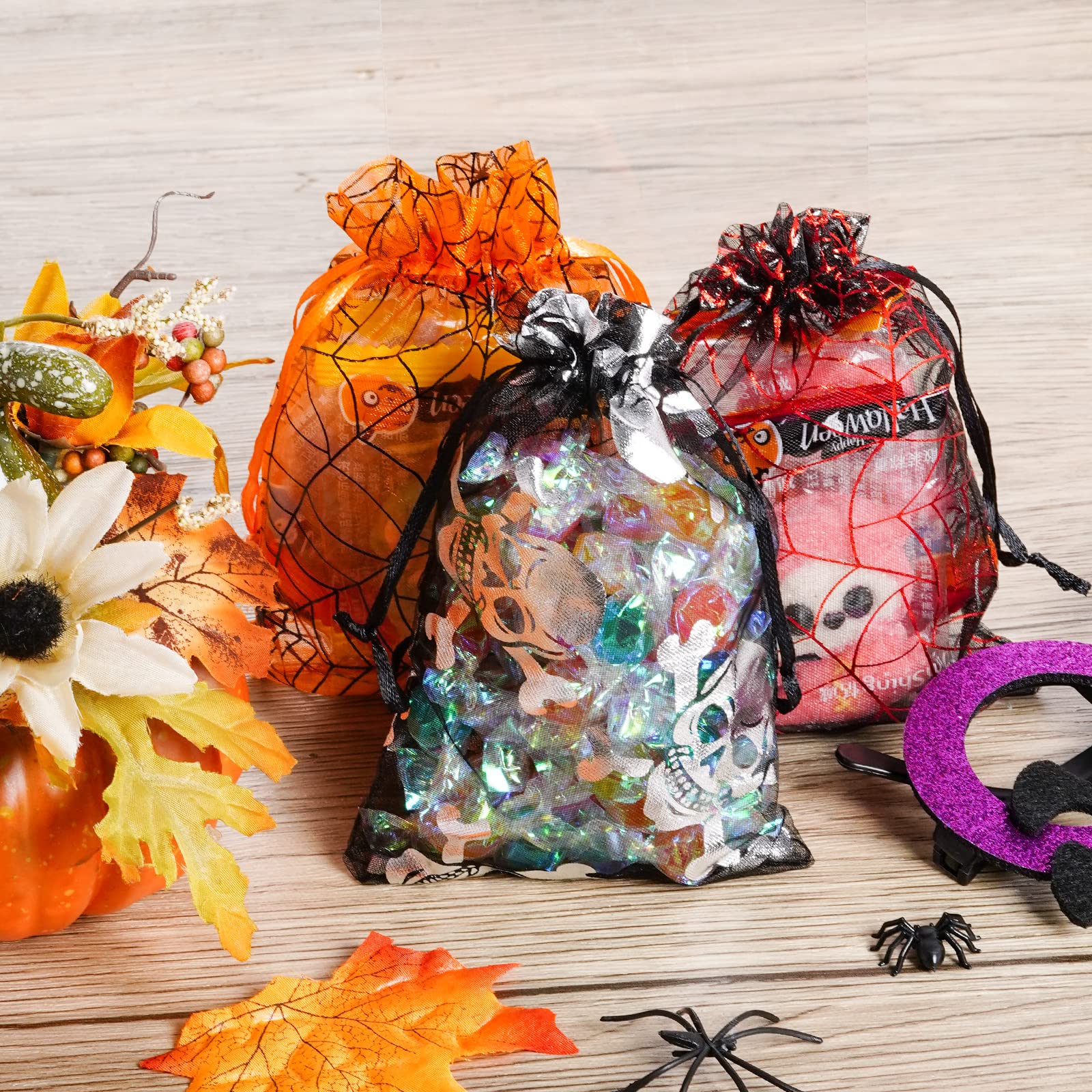 choyaxo 100PCS Halloween Organza Bags Spider Web Print Satin Drawstring Candy Jewelry Bags for Halloween Drawstring Gift Bags 4 x 6 Inches/10 * 15cm, 4 Styles