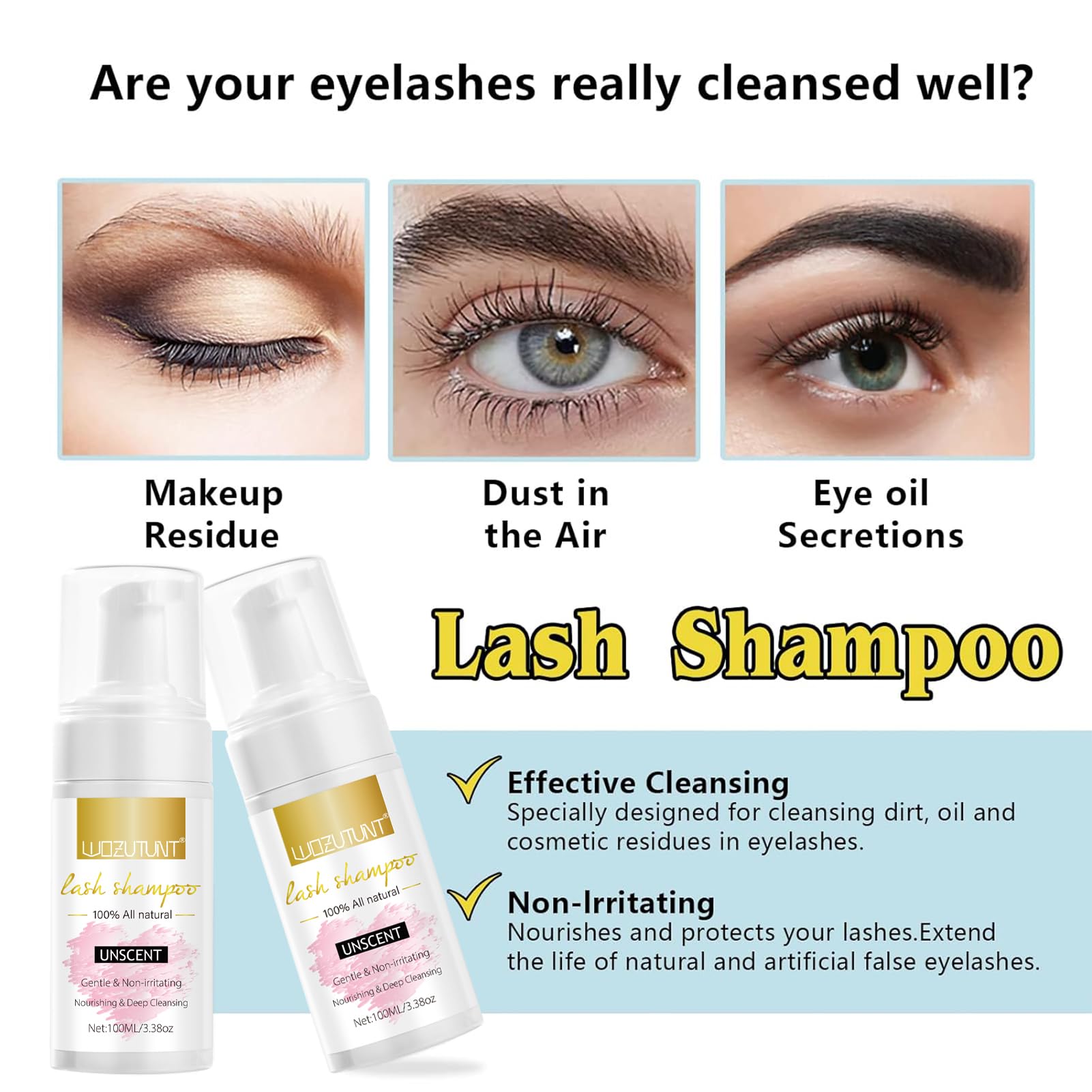 3.38 OZ Eyelash Extension Cleanser Lash Mousse Lash Shampoo for Lash Extensions, USB Mini Fan Rechargeable Electric Handheld Air Conditioning Lash Shampoo Kit Lash Brushes Cleanser Brush Wash Bottle